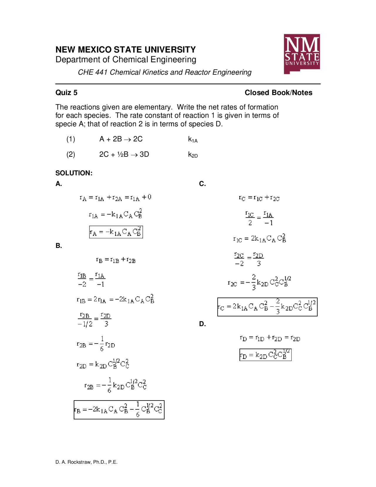 Solutions To Quiz 5 Chemical Kinetics And Reactor Engineering Ch E
