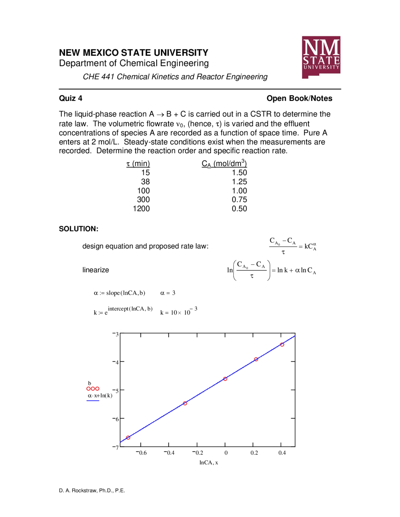 Chemical Kinetics And Reactor Engineering Quiz 4 With Answers Ch E