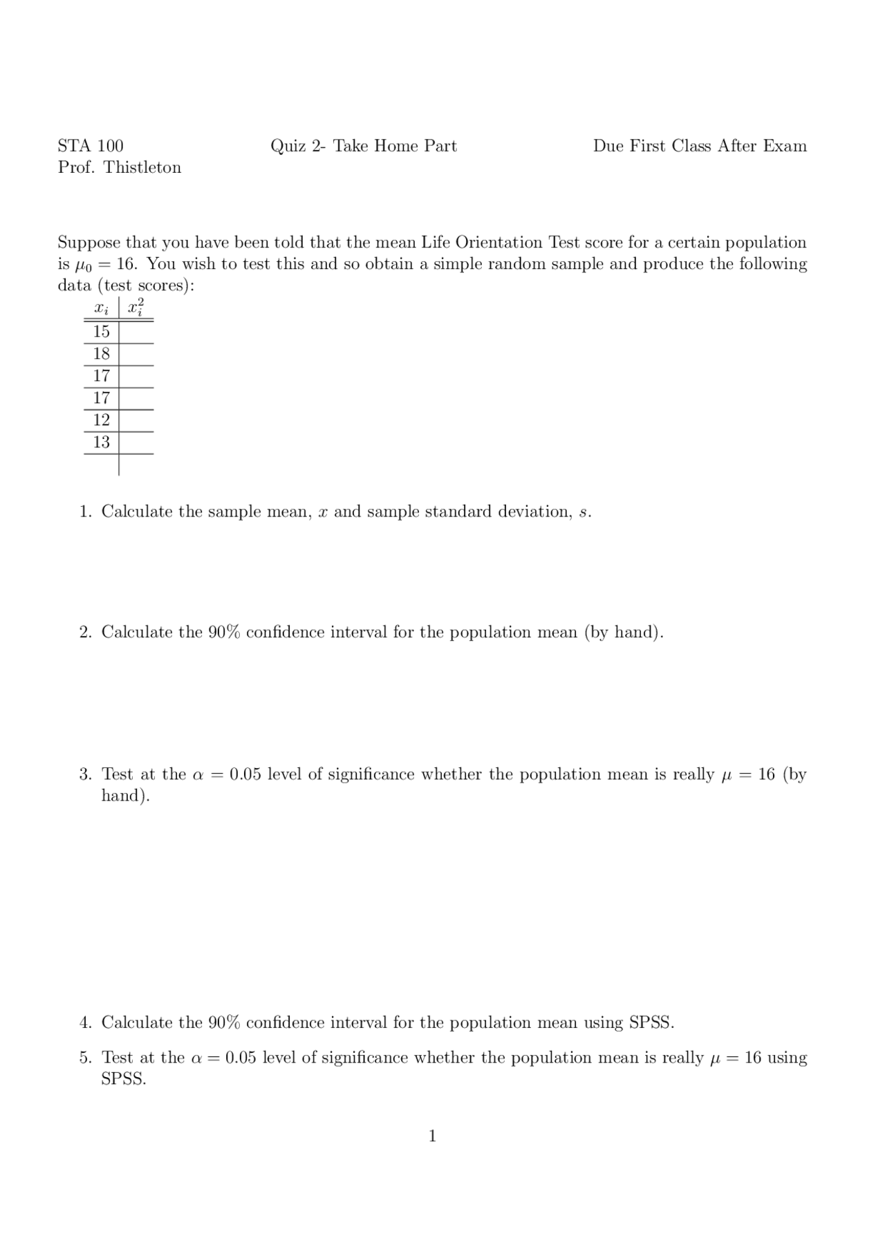 Sample Questions For Quiz 2 Statistical Methods Sta 100 Docsity