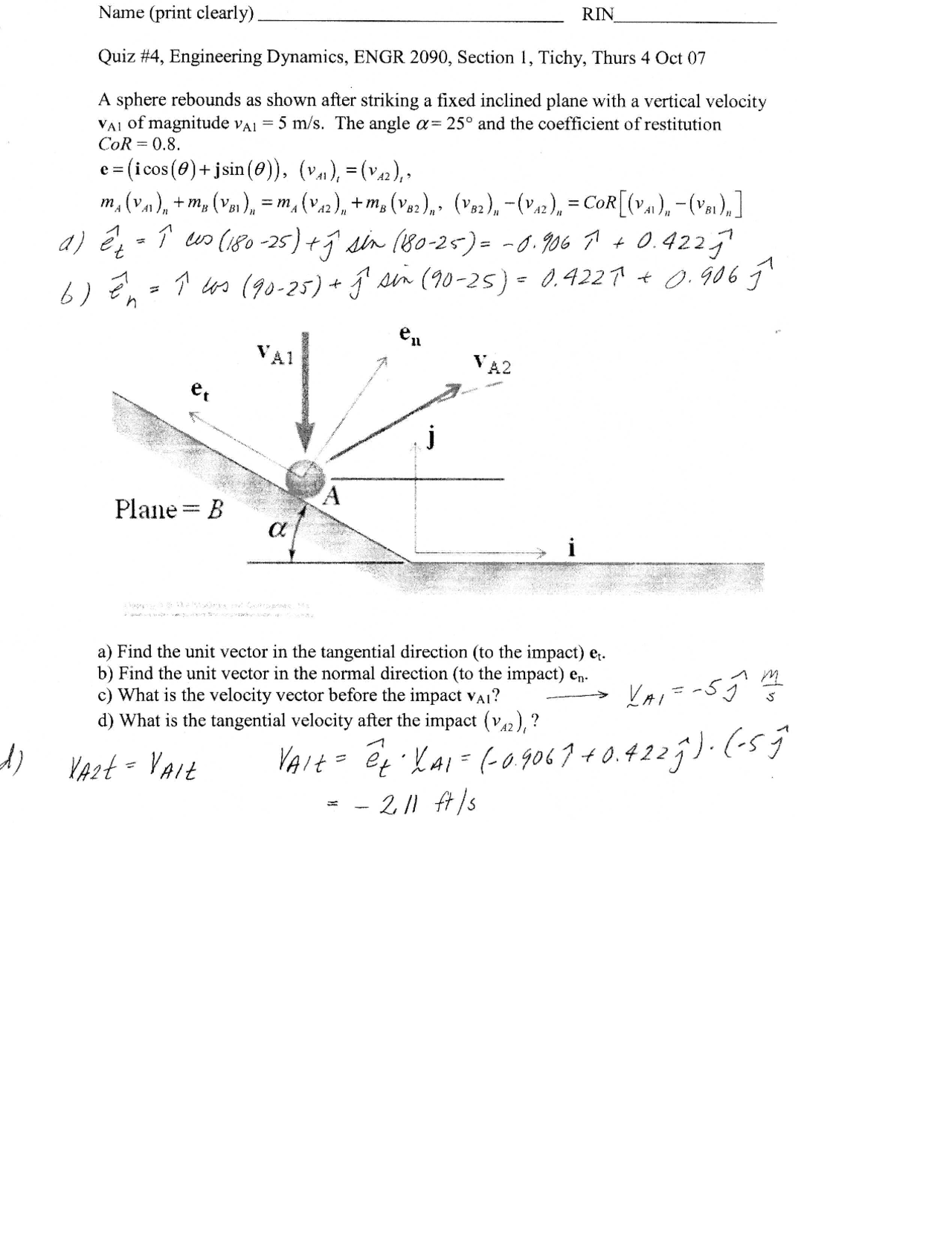 Quiz 4 With Solution Engineering Dynamics Engr 2090 Docsity