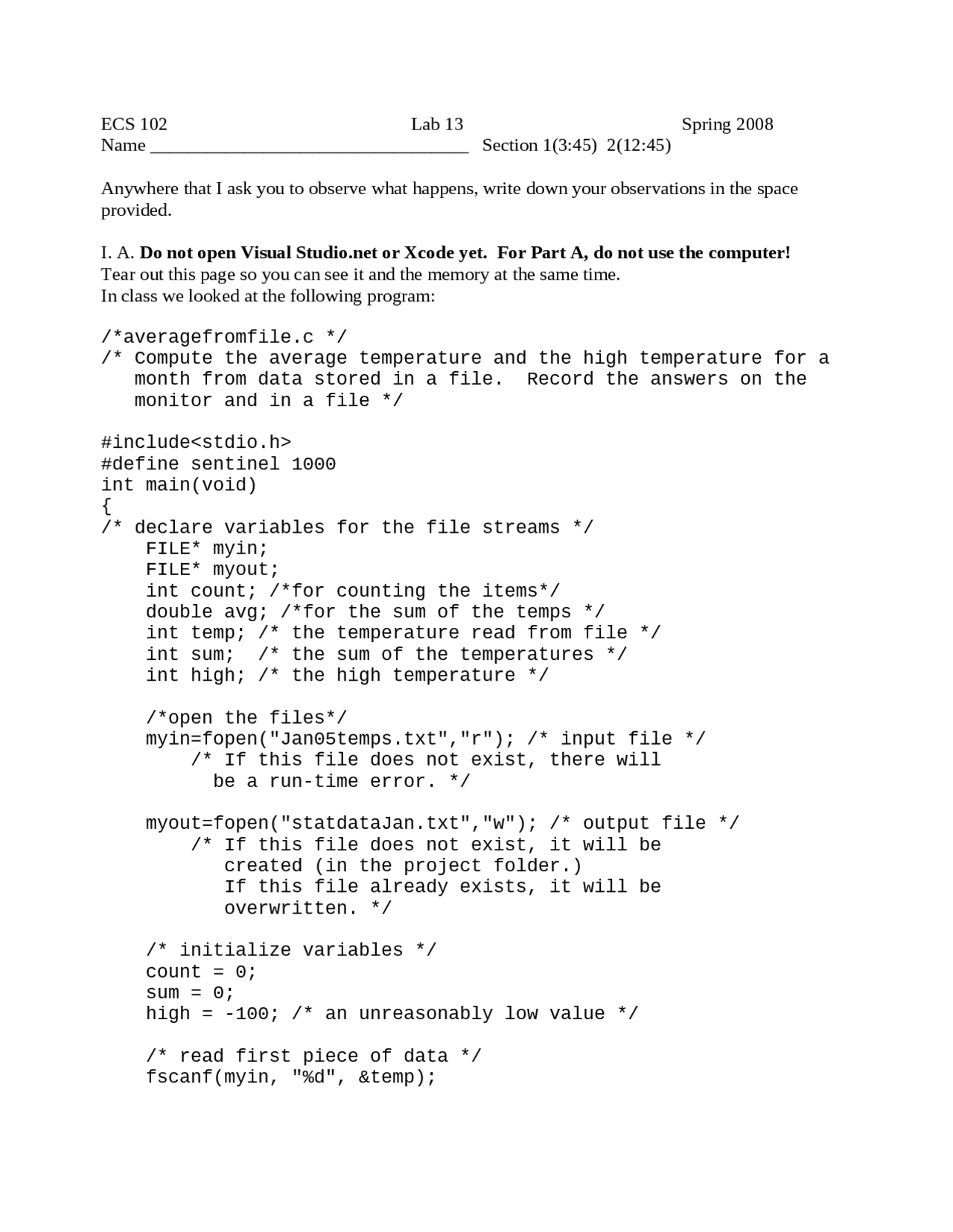 Introduction To Computing Lab 13 Questions Ecs 102 Docsity