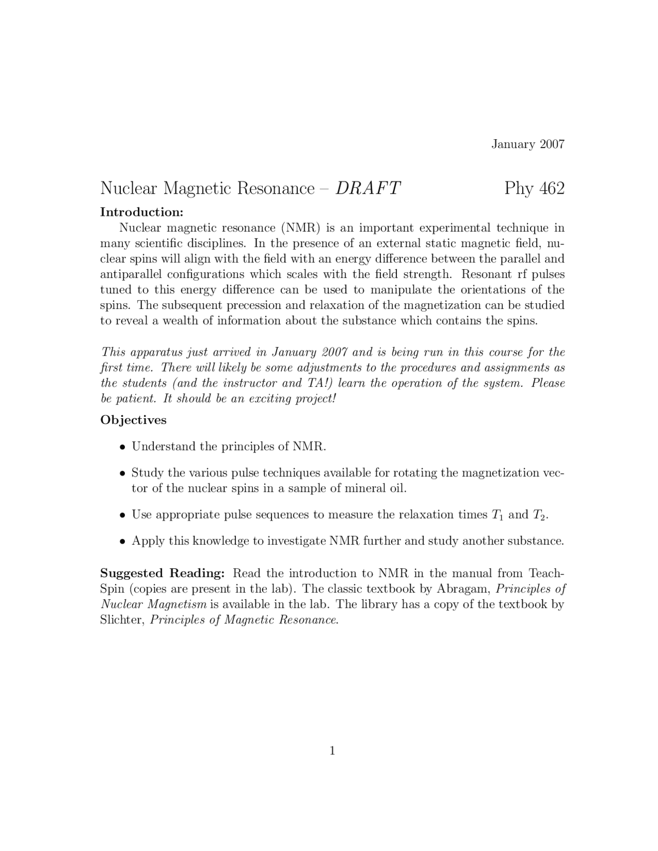 Nuclear Magnetic Resonance Experimental Physics Ii Phy 462 Docsity