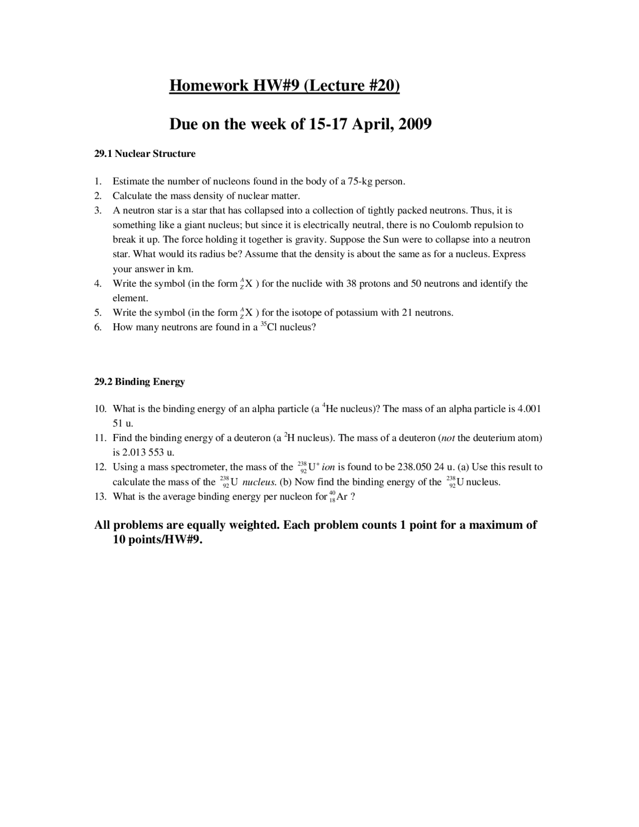 Nuclear Structure Binding Energy Homework 9 Phy 102 Docsity