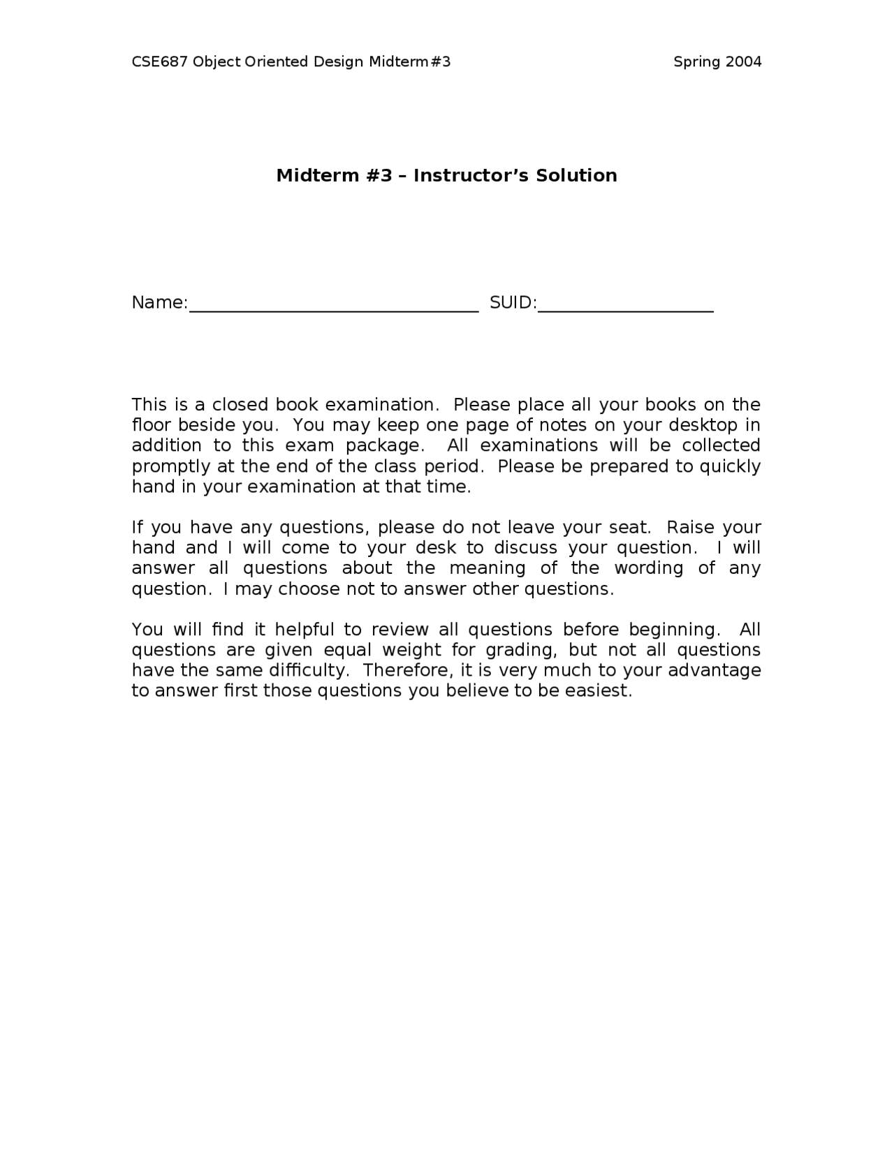 Midterm Exam 3 With Solutions For Object Oriented Design Cse 687