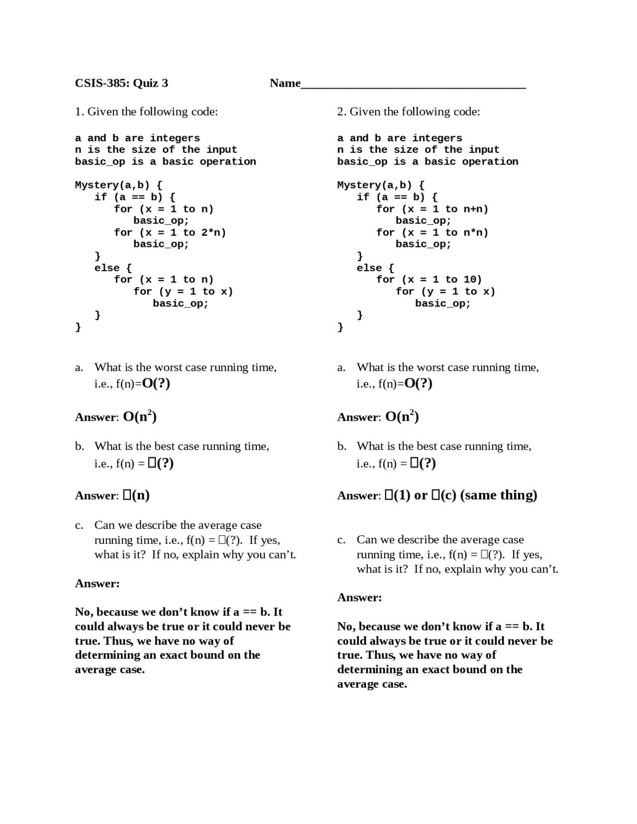 Analysis Of Algorithms Quiz Iii Solutions Csis 385 Docsity