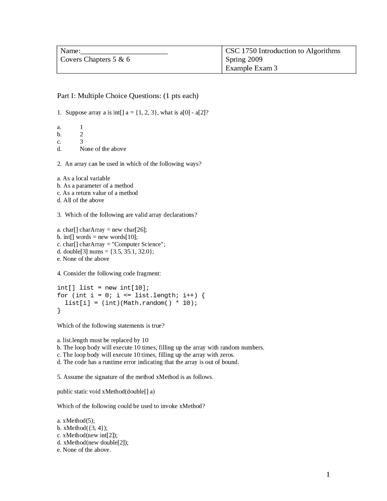 Examination 2 Questions Introduction To Algorithms Csc 1750 Docsity