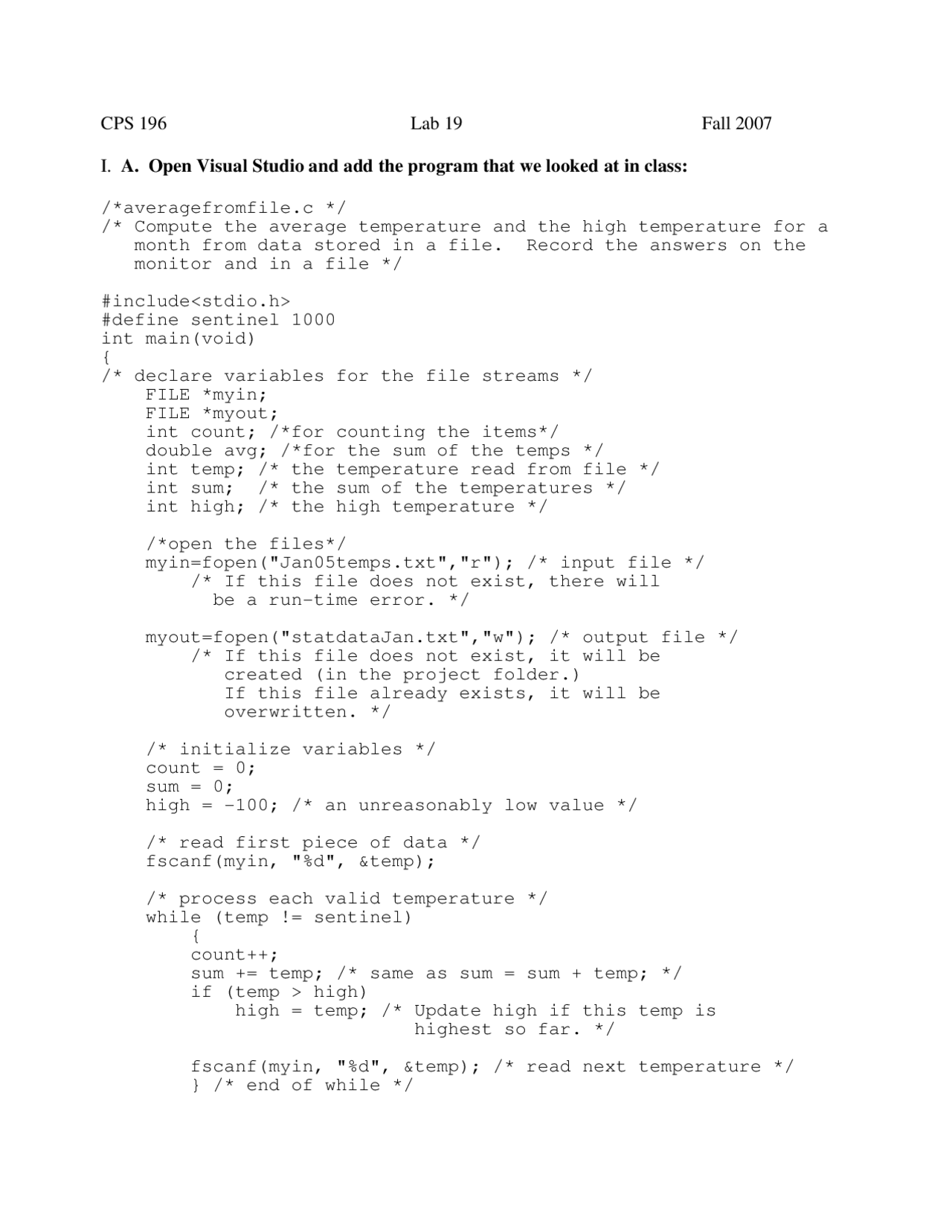 Lab 19: Open Visual Studio - Introduction to Computer Programming | CPS 196 - Docsity