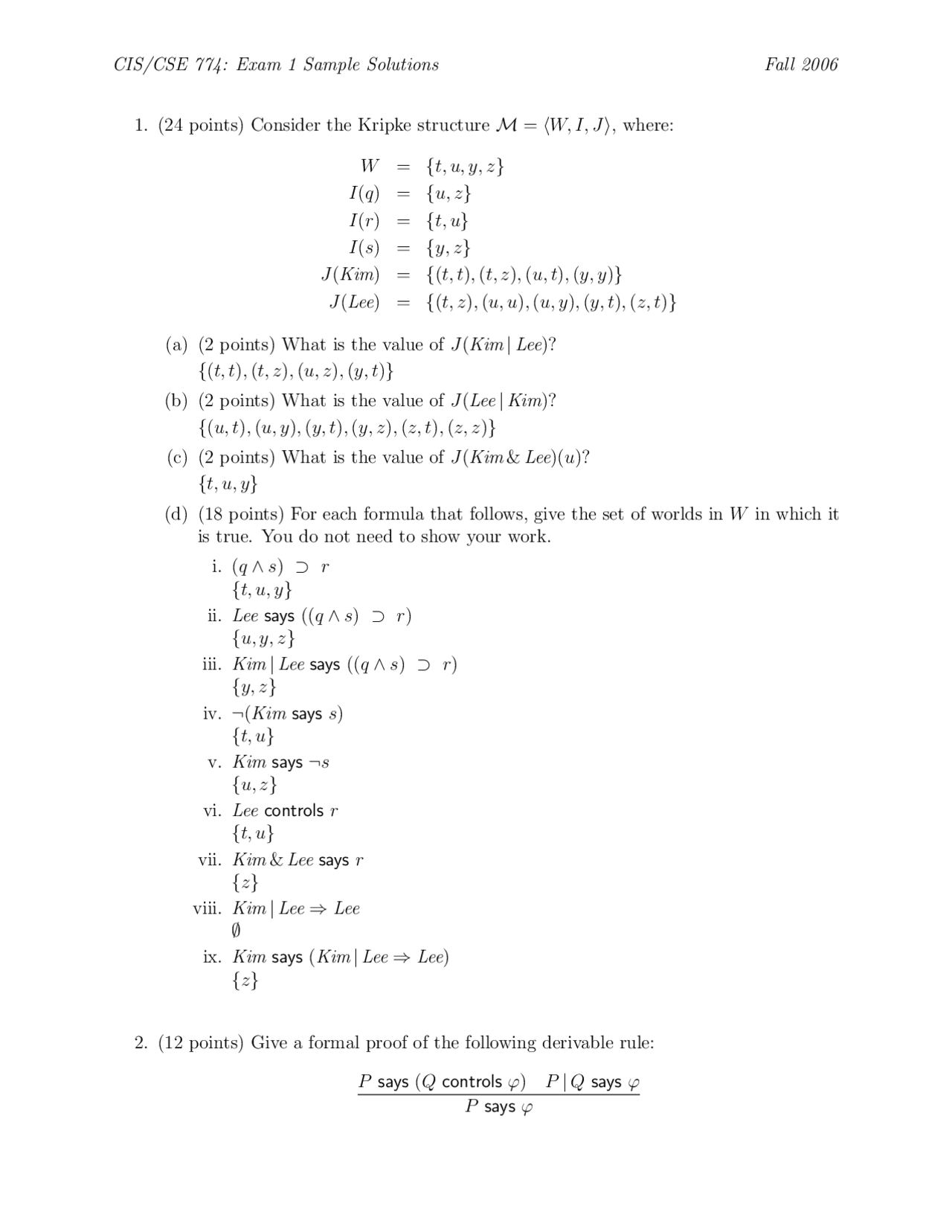 Exam 1 Sample Solutions For Principles Of Distributed Access Control Cse 774 Docsity