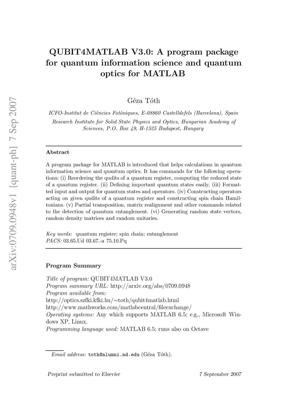 A Program Package for Quantum Information Science and Quantum Optics for MATLAB | CSCI 4967 ...