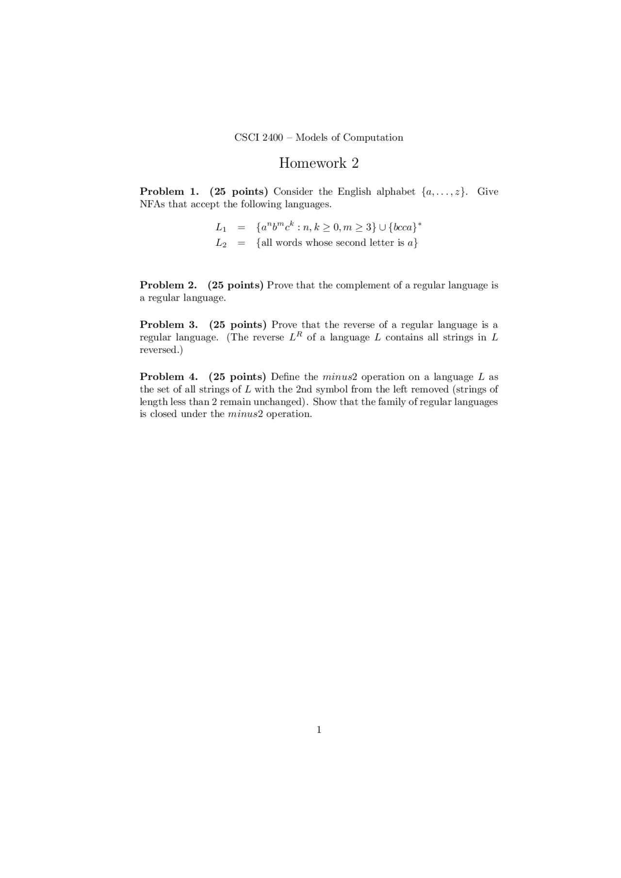 Models Of Computation Assignment 2 Csci 2400 Docsity