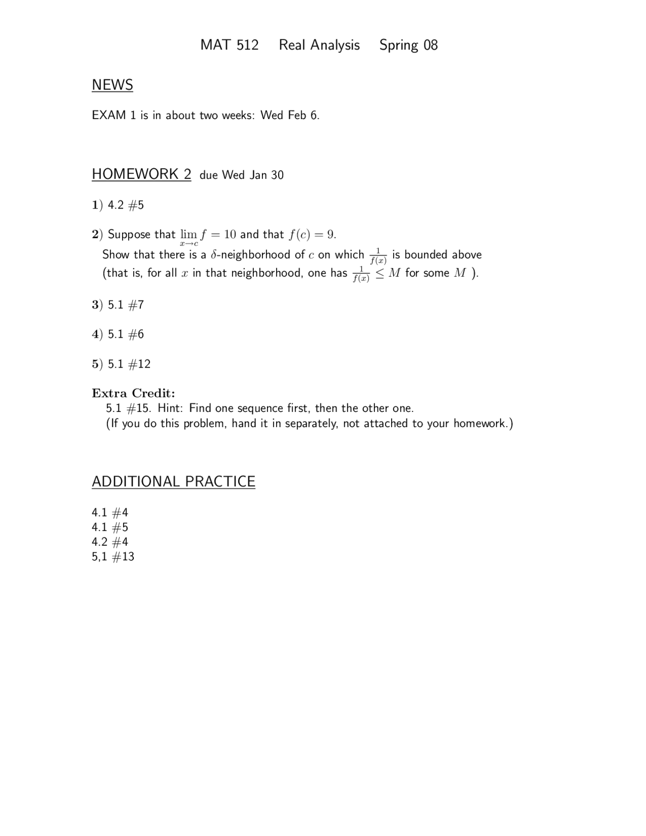 Homework 2 Practice Questions Introduction To Real Analysis Mat 512