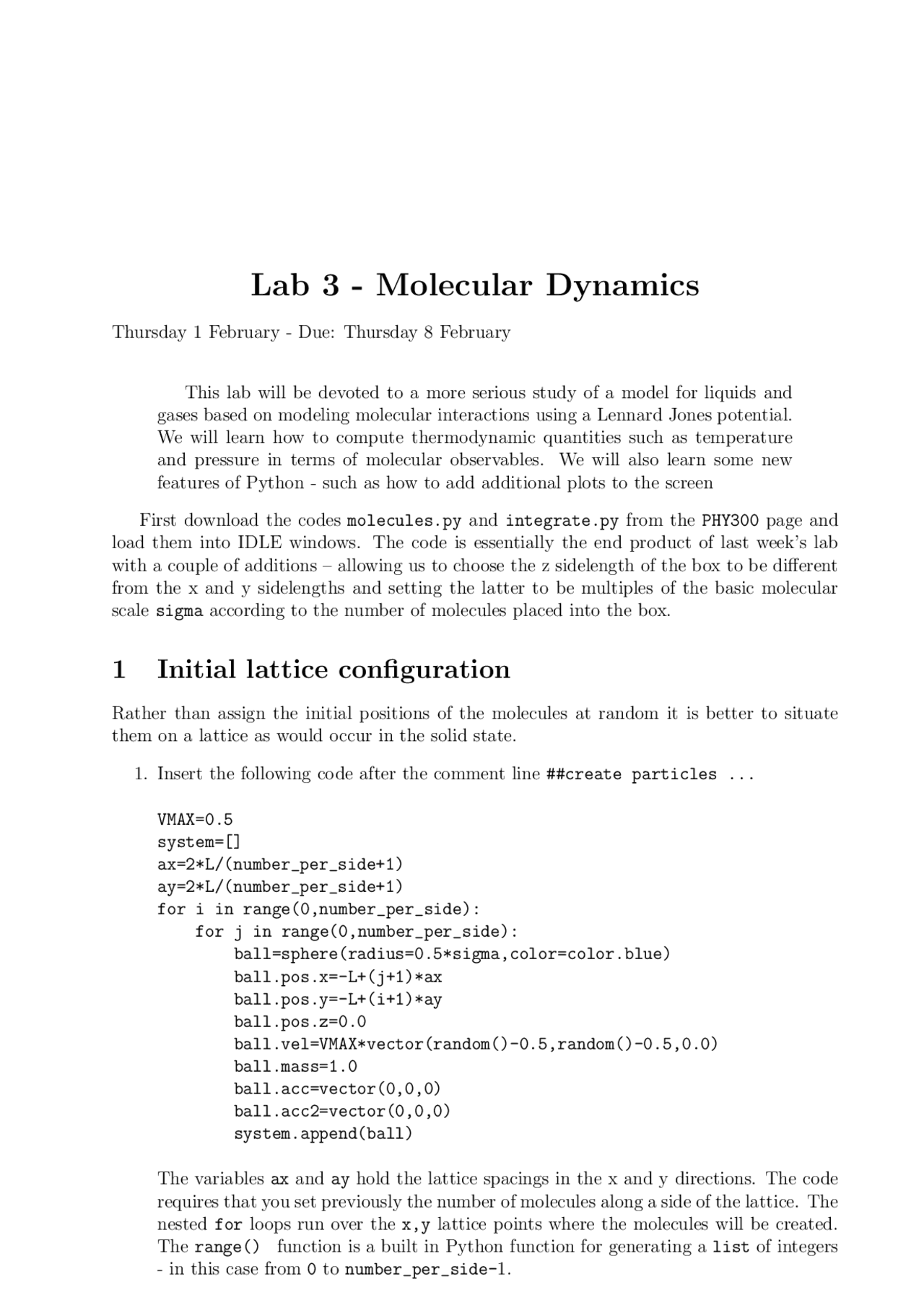 Laboratory 3 Molecular Dynamics Phy 300 Docsity