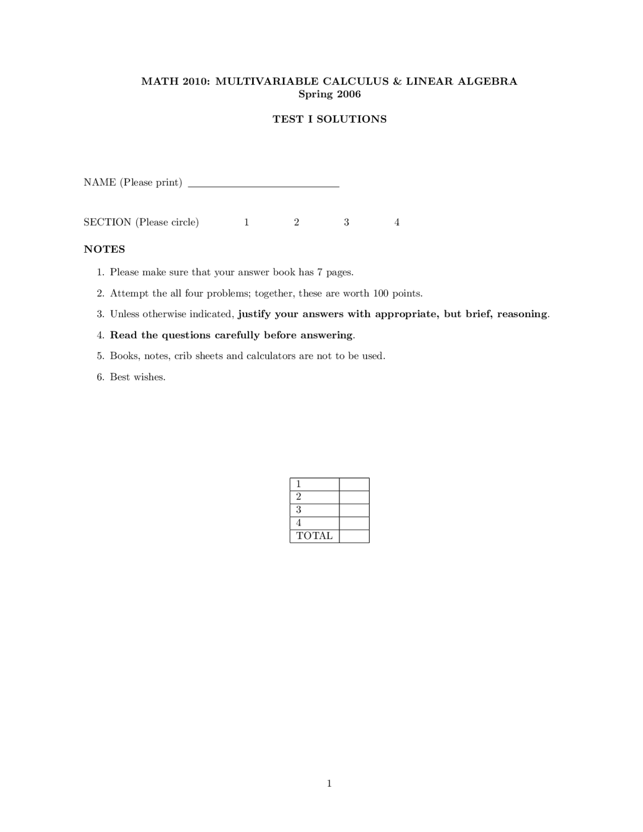 Test 1 Questions With Solutions Multivariable Calculus And Matrix