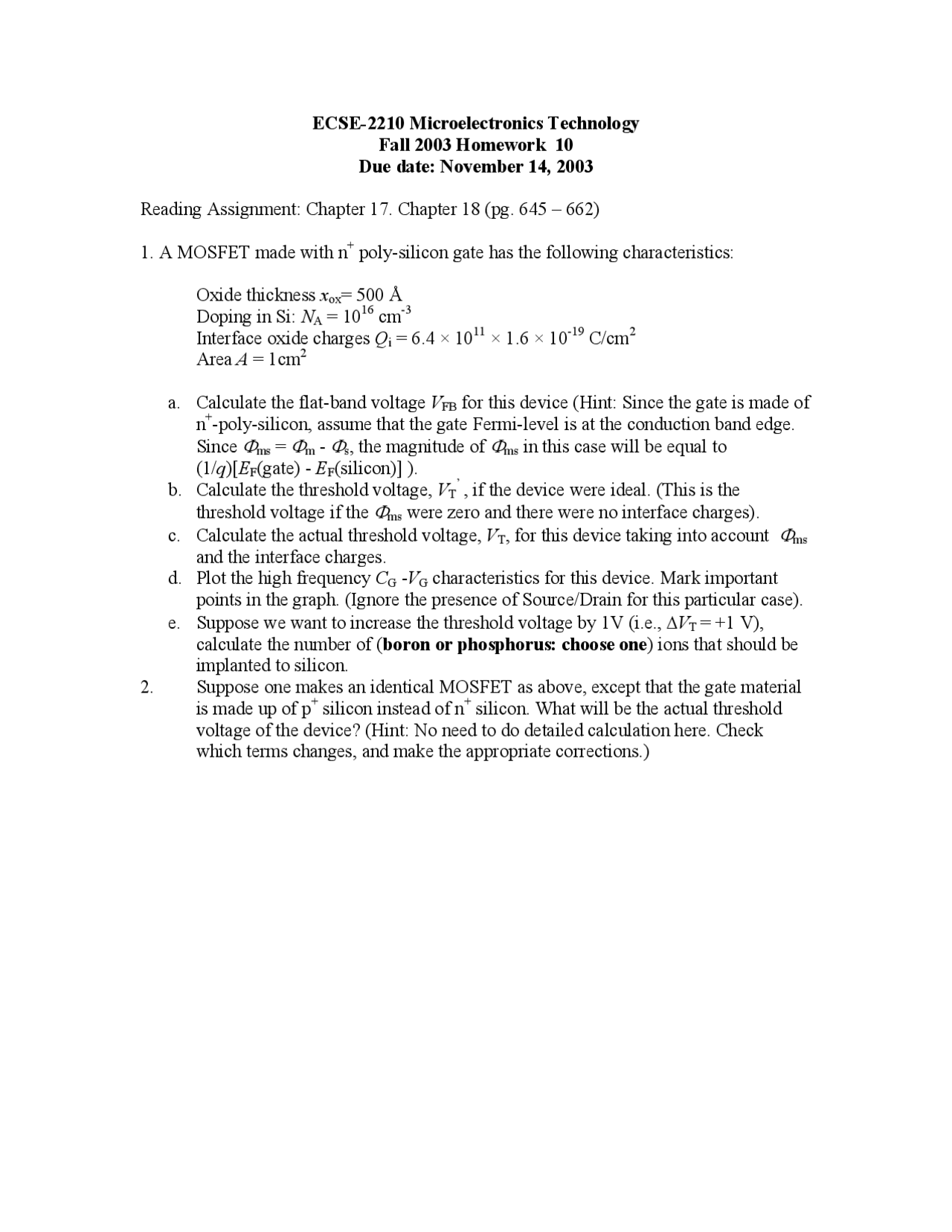 Microelectronics Technology Homework 10 Questions Ecse 2210 Docsity