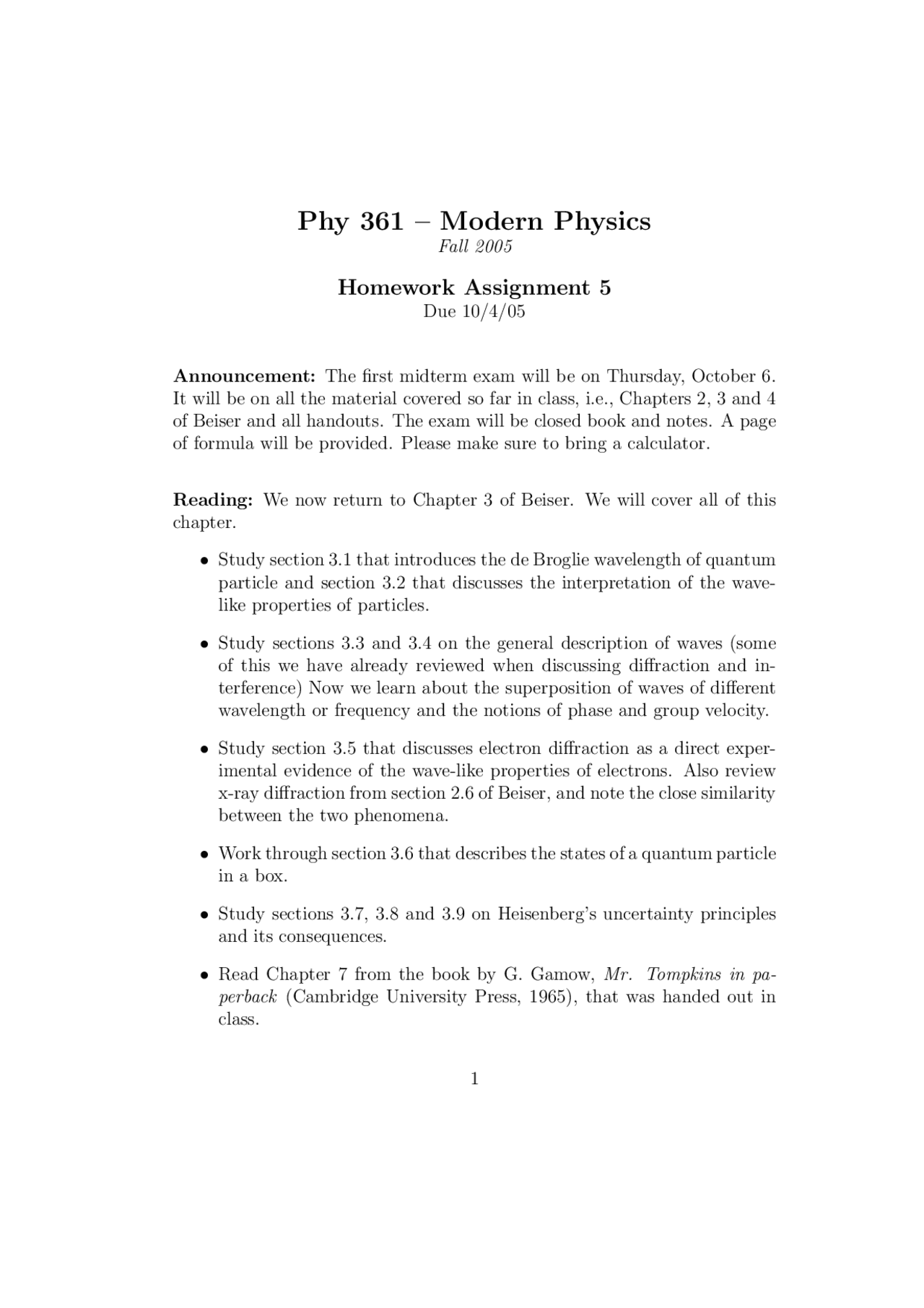 Assignment 5 Problems Introduction To Modern Physics Phy 361 Docsity