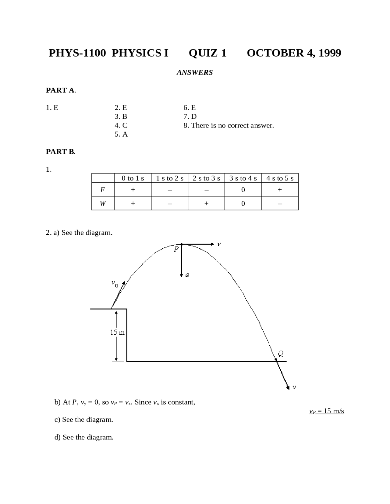 Class Quiz 1 With Answers Physics I Phys 1100 Docsity