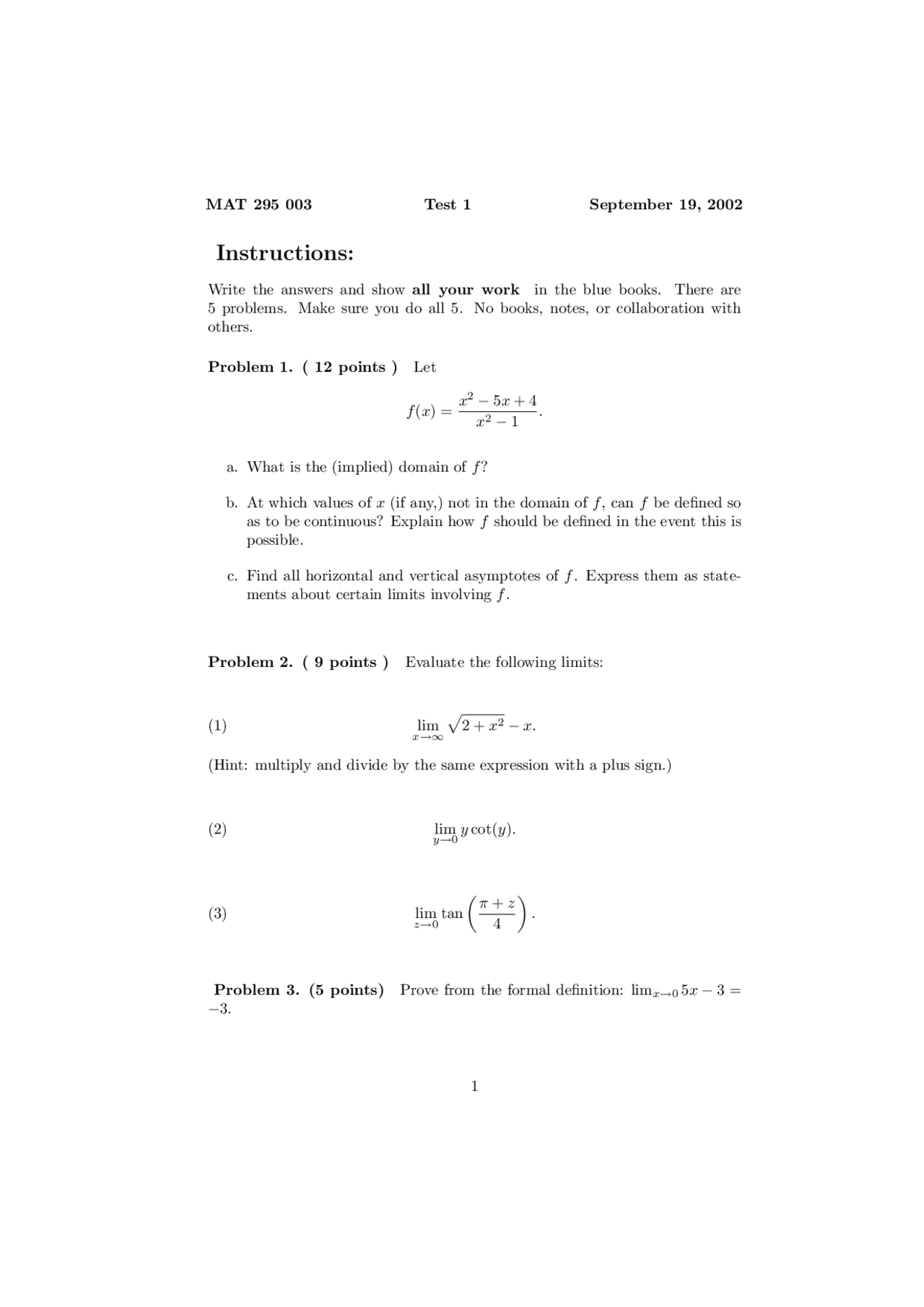 Calculus I Past Paper Questions 2002 Mat 295 Docsity