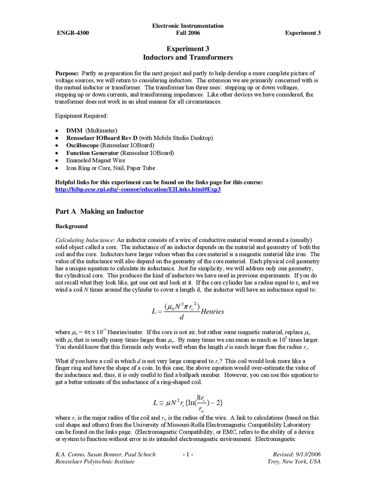 Experiment 3 On Inductors And Transformers Engr 4300 Docsity