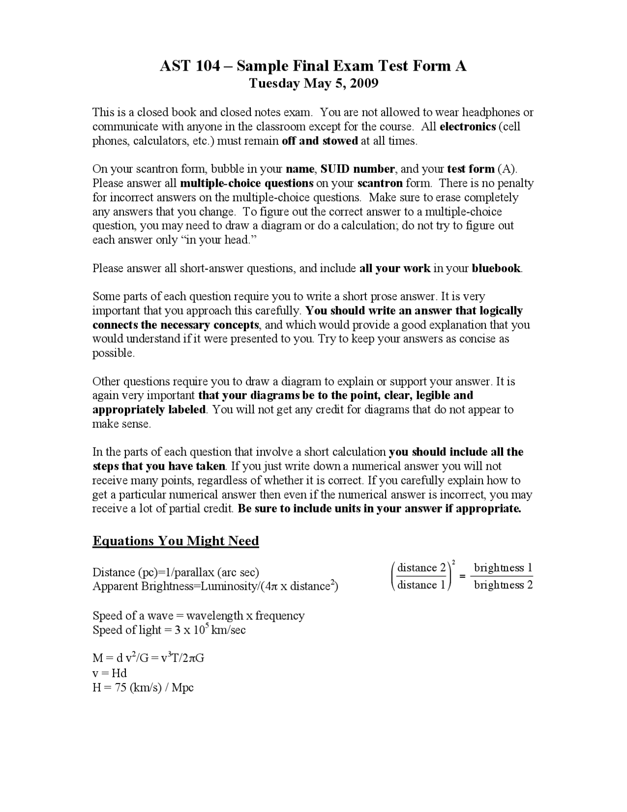 Sample Final Exam Test Form A Questions Stars Galaxies And Universe
