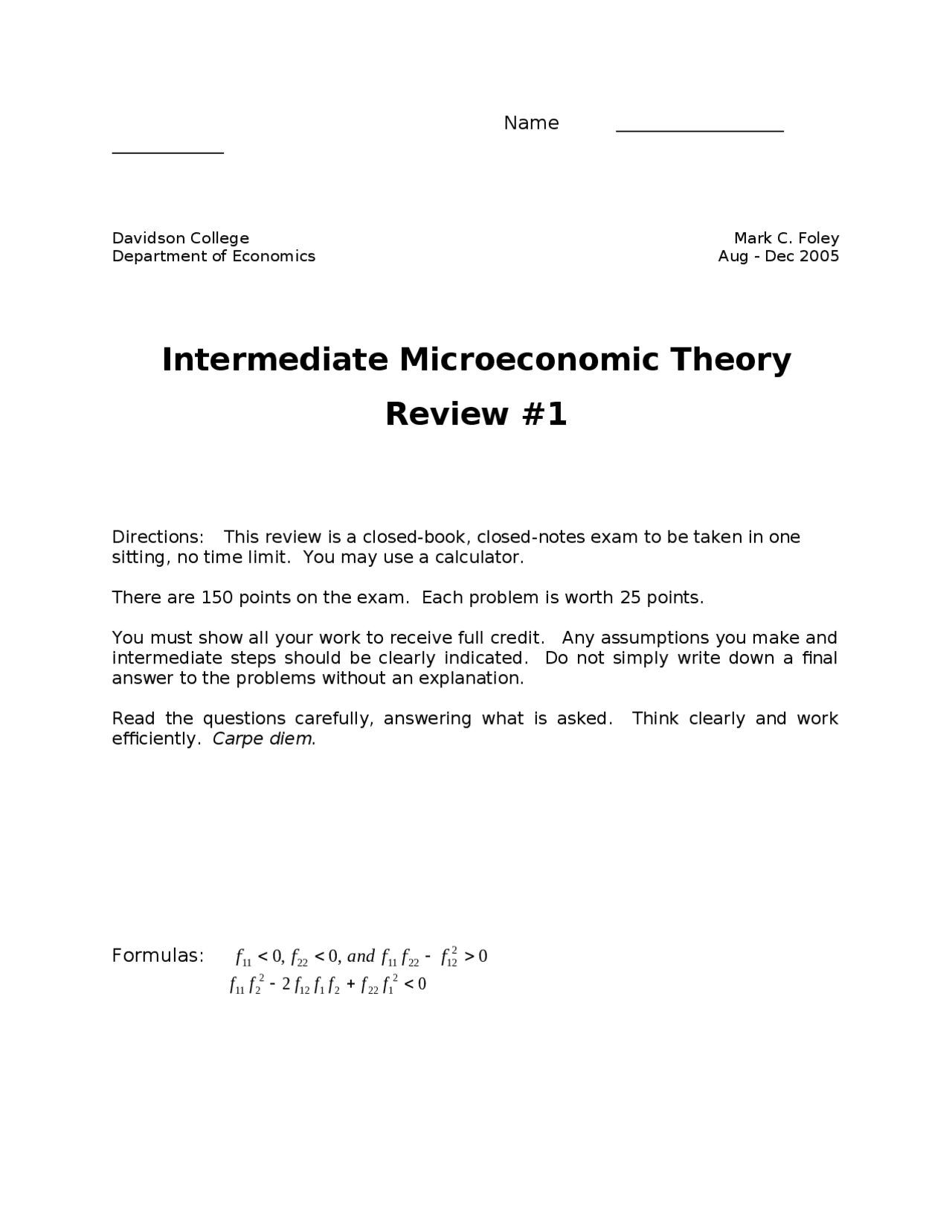 8 Problems On Intermediate Microeconomic Theory Review Sheet Eco