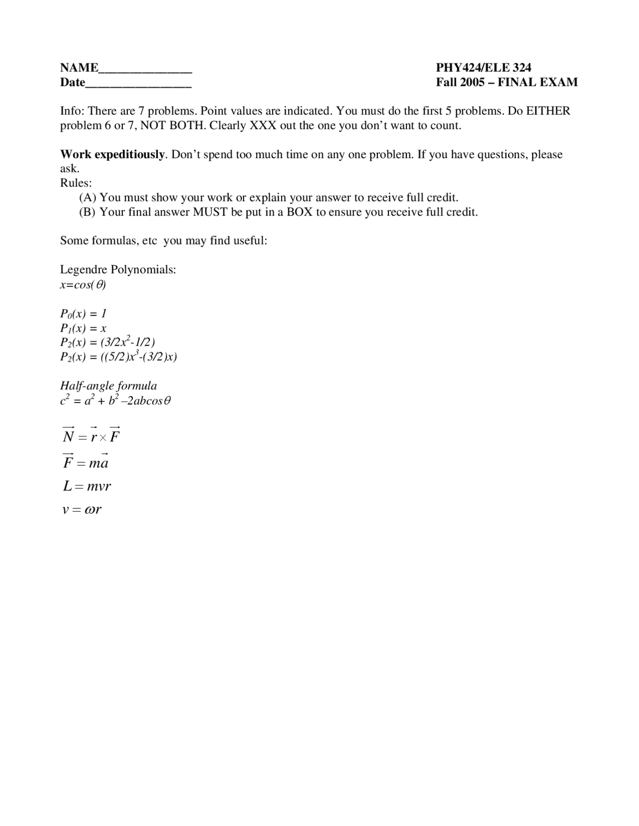 Final Exam Electromagnetic I Phy 424 Exams Guiding