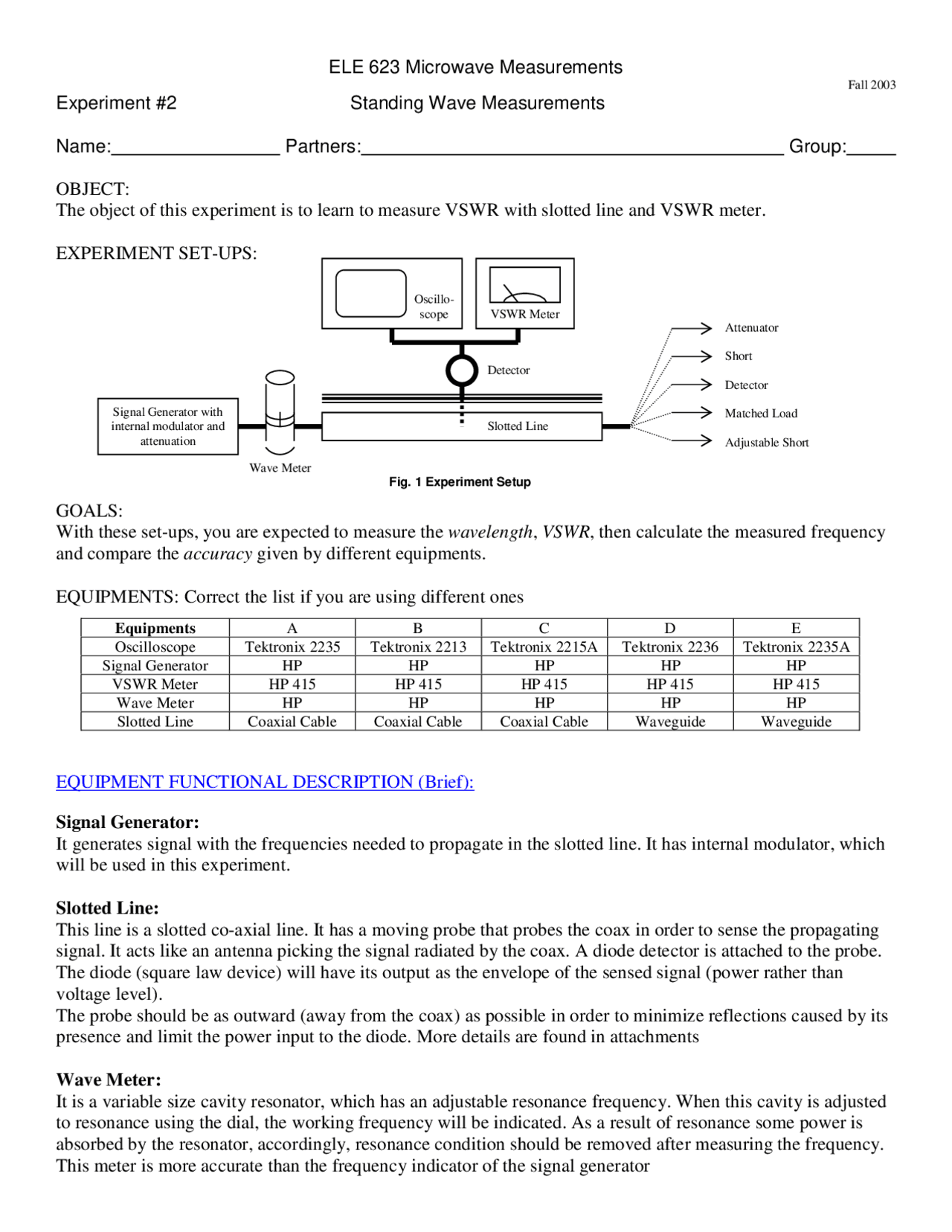 Experiment 2 Standing Wave Measurements Fall 2003 Ele 623 Docsity