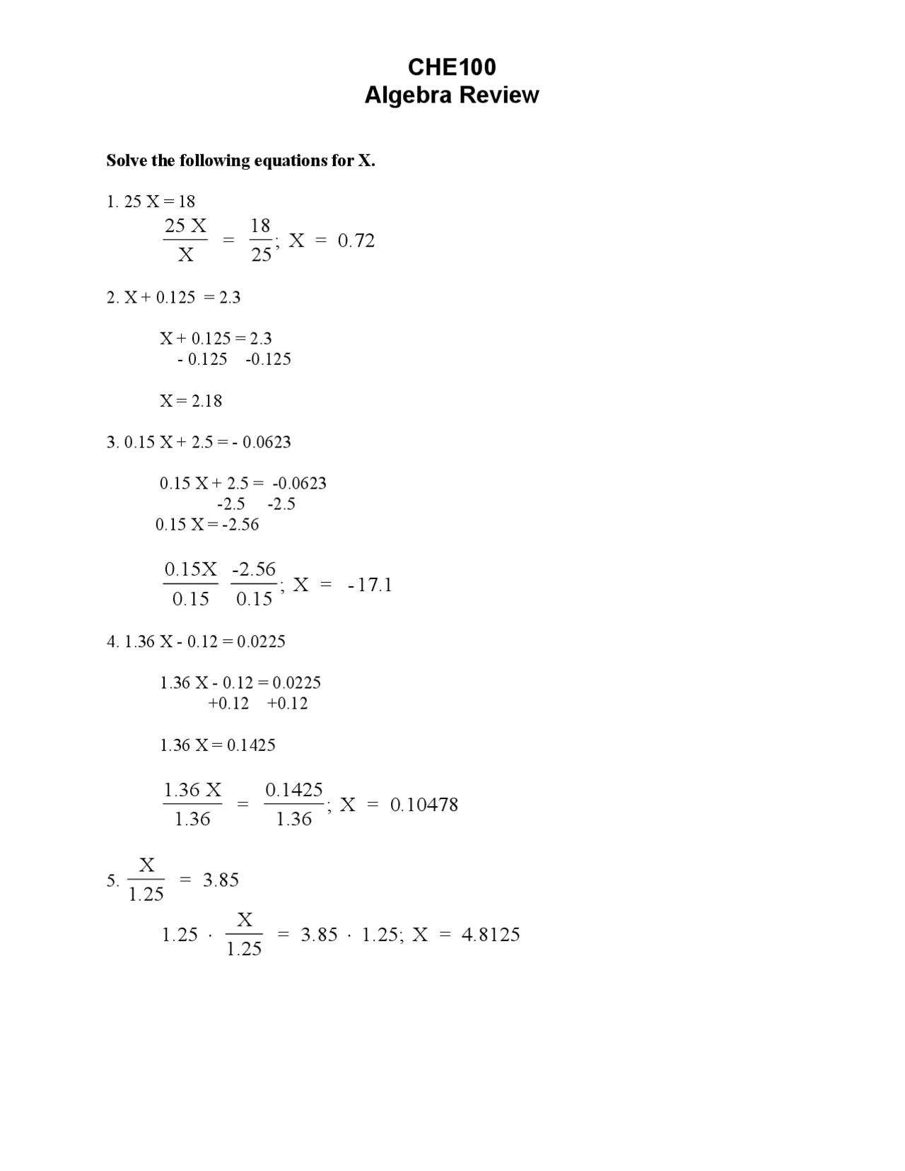 Algebra Review Sheet - Preparatory Chemistry | CHE 100 - Docsity