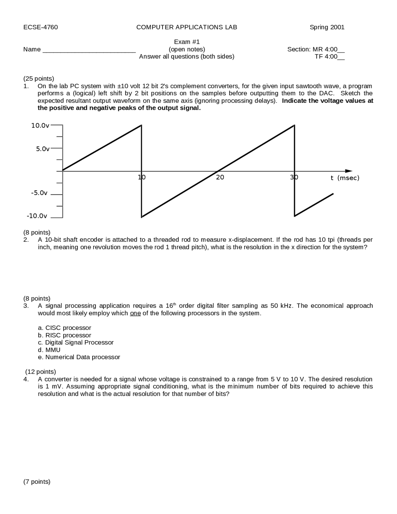 Computers Applications Lab Exam 1 Fall 2001 Ecse 4760 Docsity