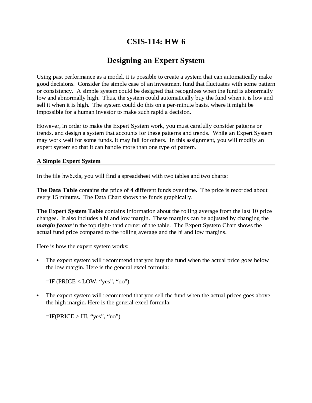Homework 6 Designing An Expert System Csis 114 Docsity