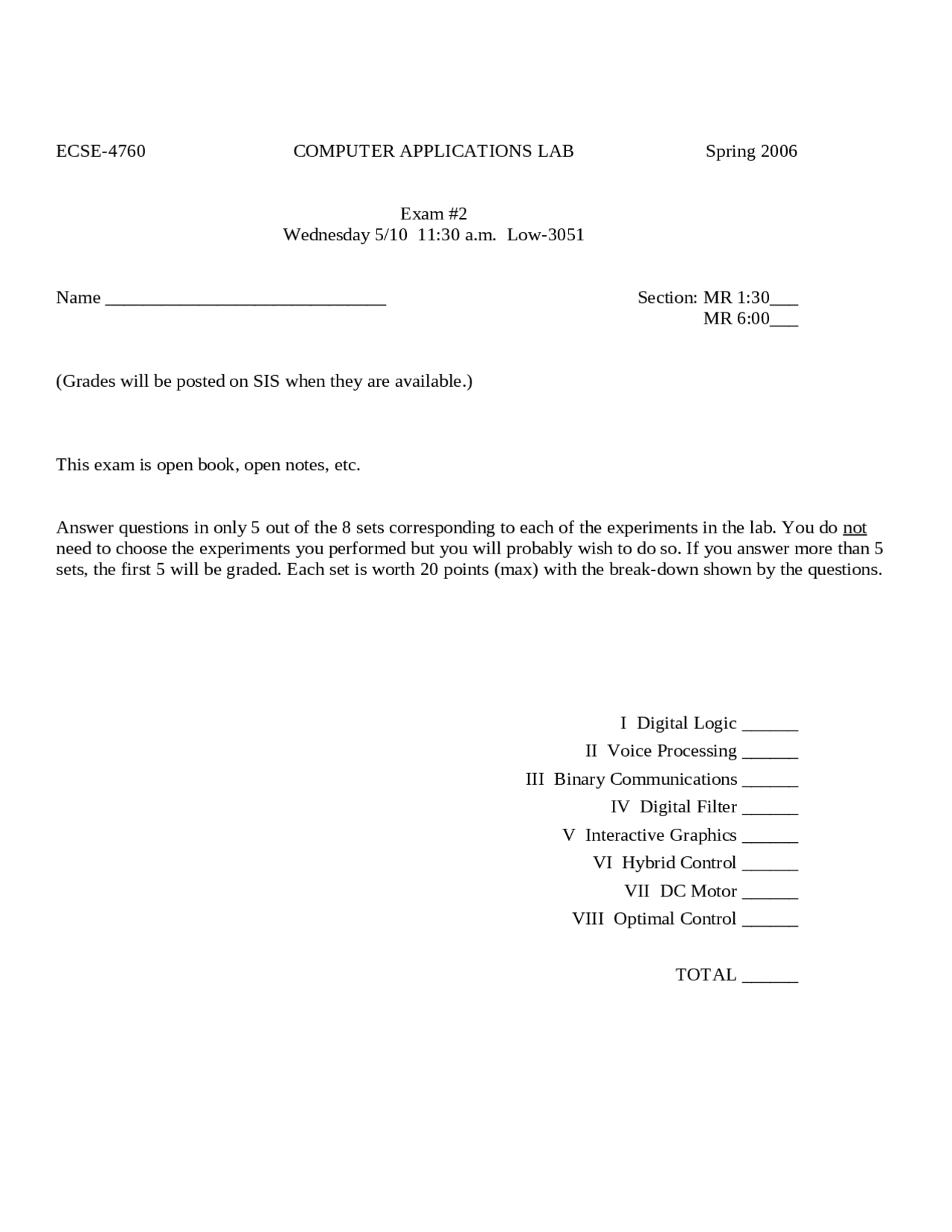 Computer Applications Lab Old Exam 2006 Ecse 4760 Docsity