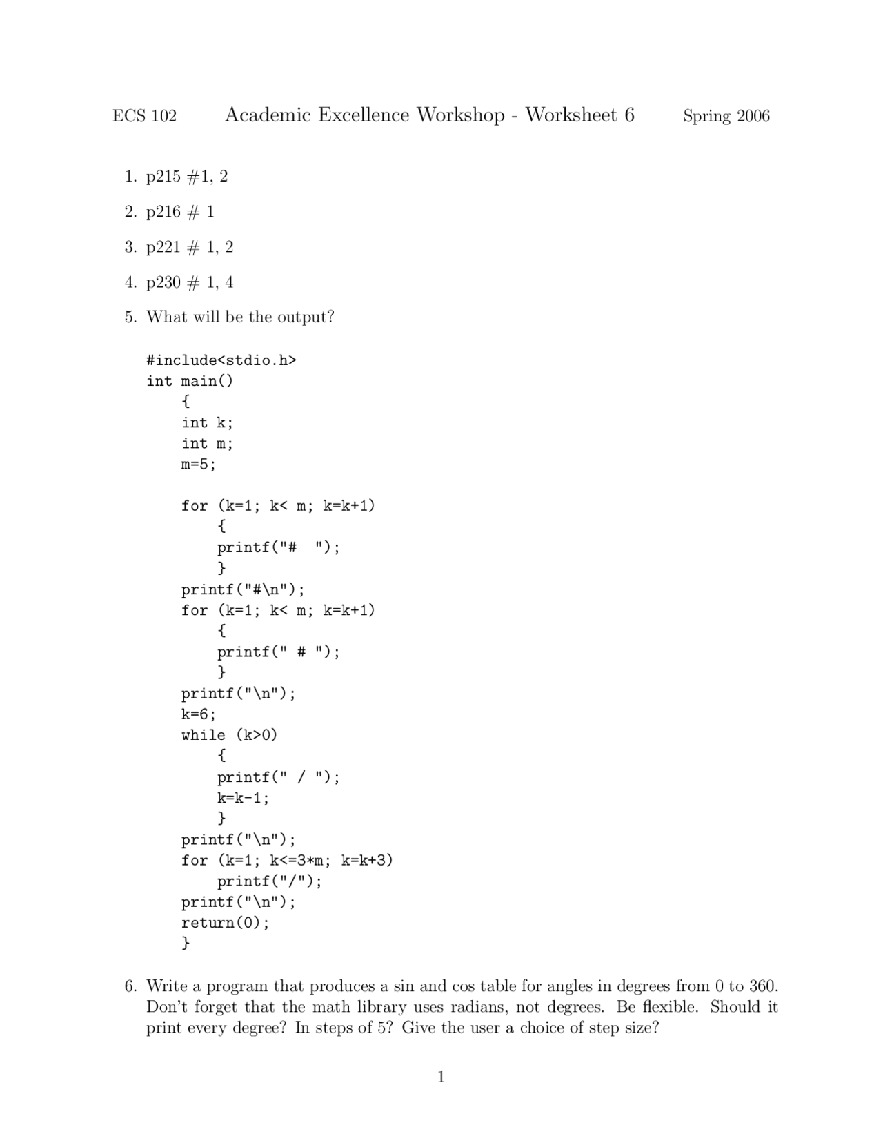 Worksheet Six Introduction To Computing Ecs 102 Docsity