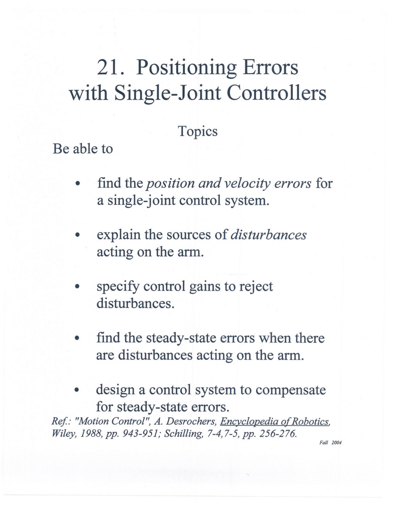 Positioning Errors With Single Joint Controllers Notes Ecse 4490
