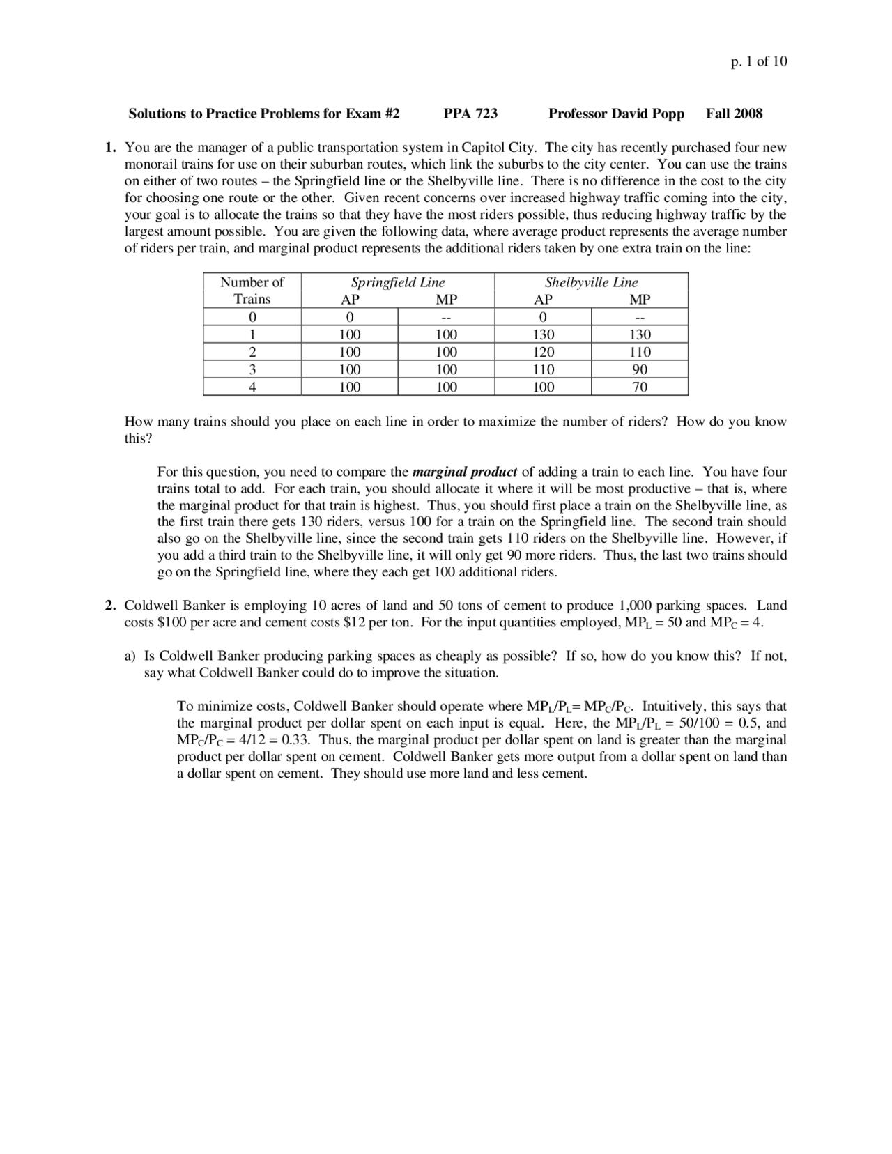 12 Solved Problems On The Marginal Product Exam 2 Ppa 723 Docsity