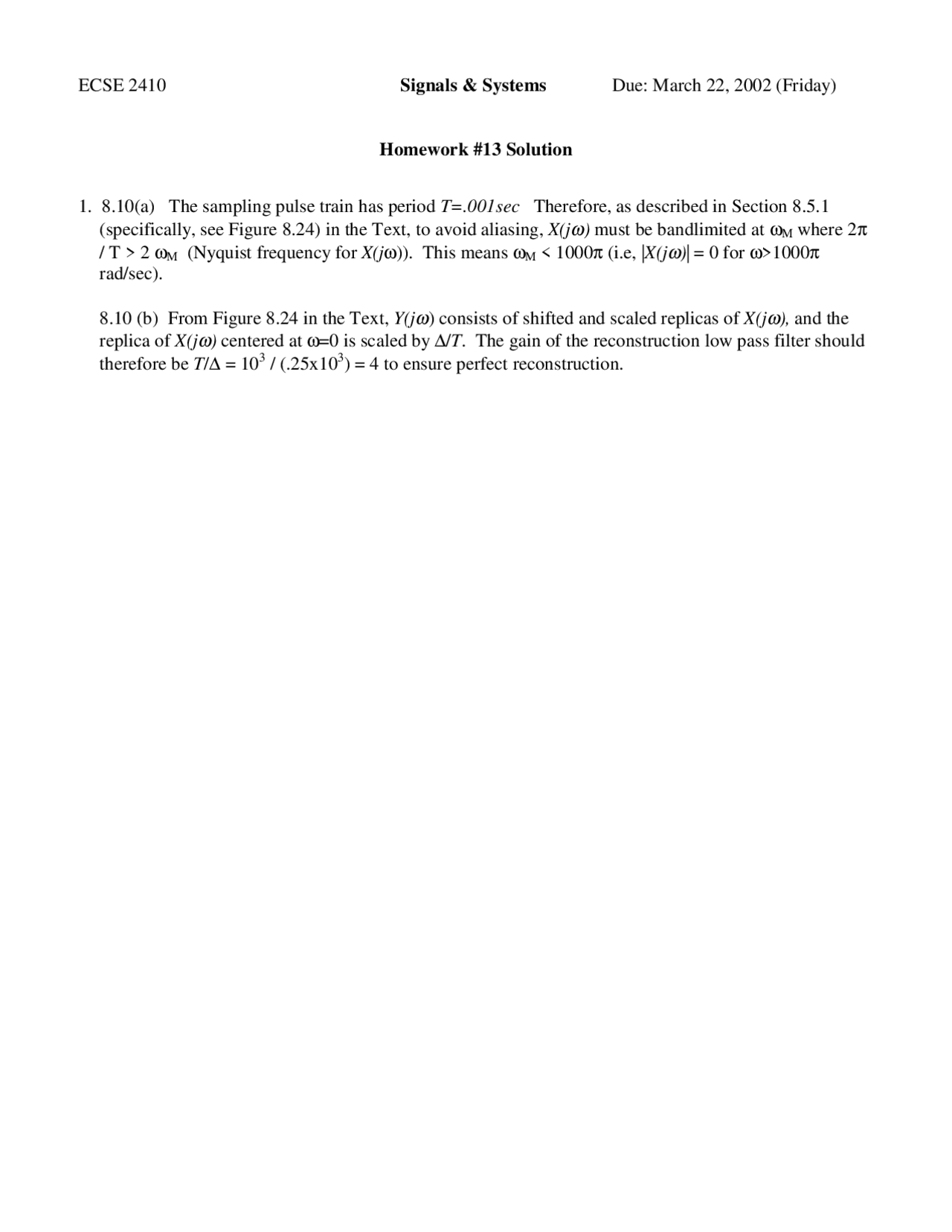 Homework 13 Solutions For Signals And Systems Ecse 2410 Docsity