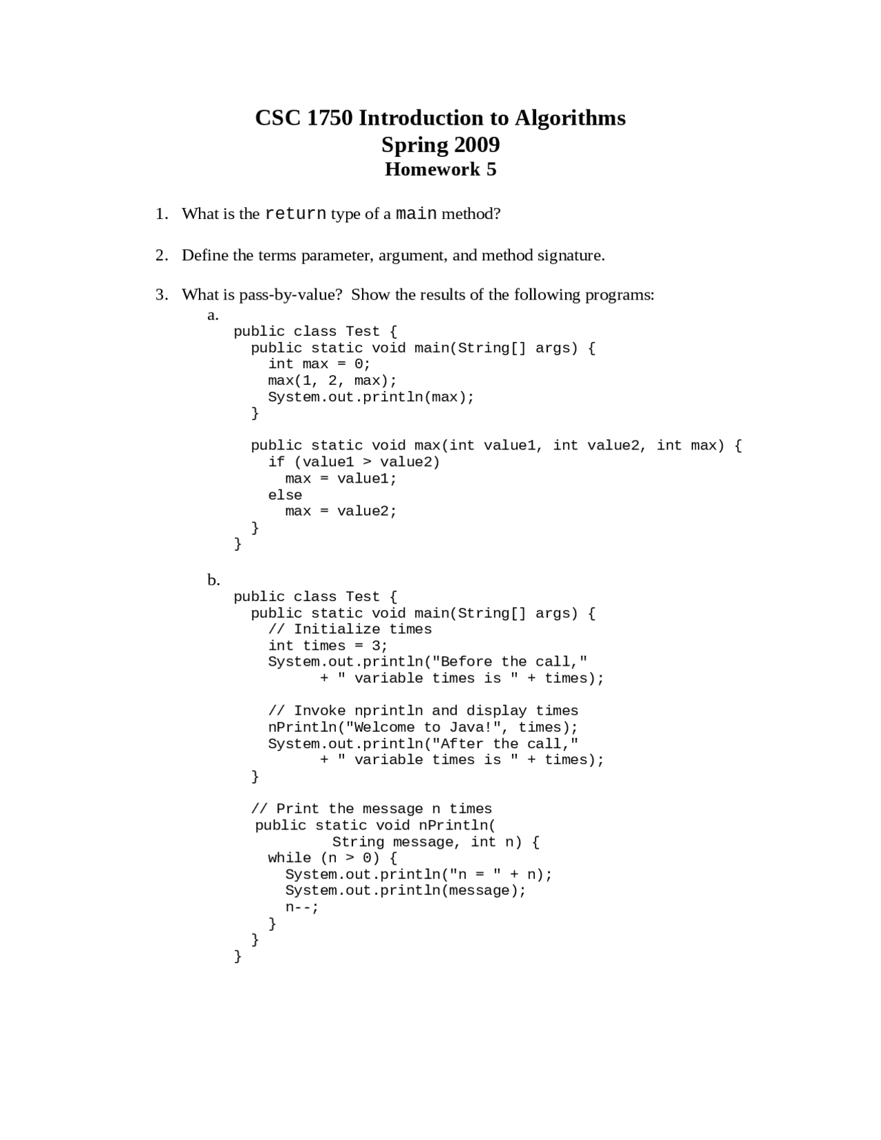 Homework #5 - Introduction to Algorithms | CSC 1750 - Docsity