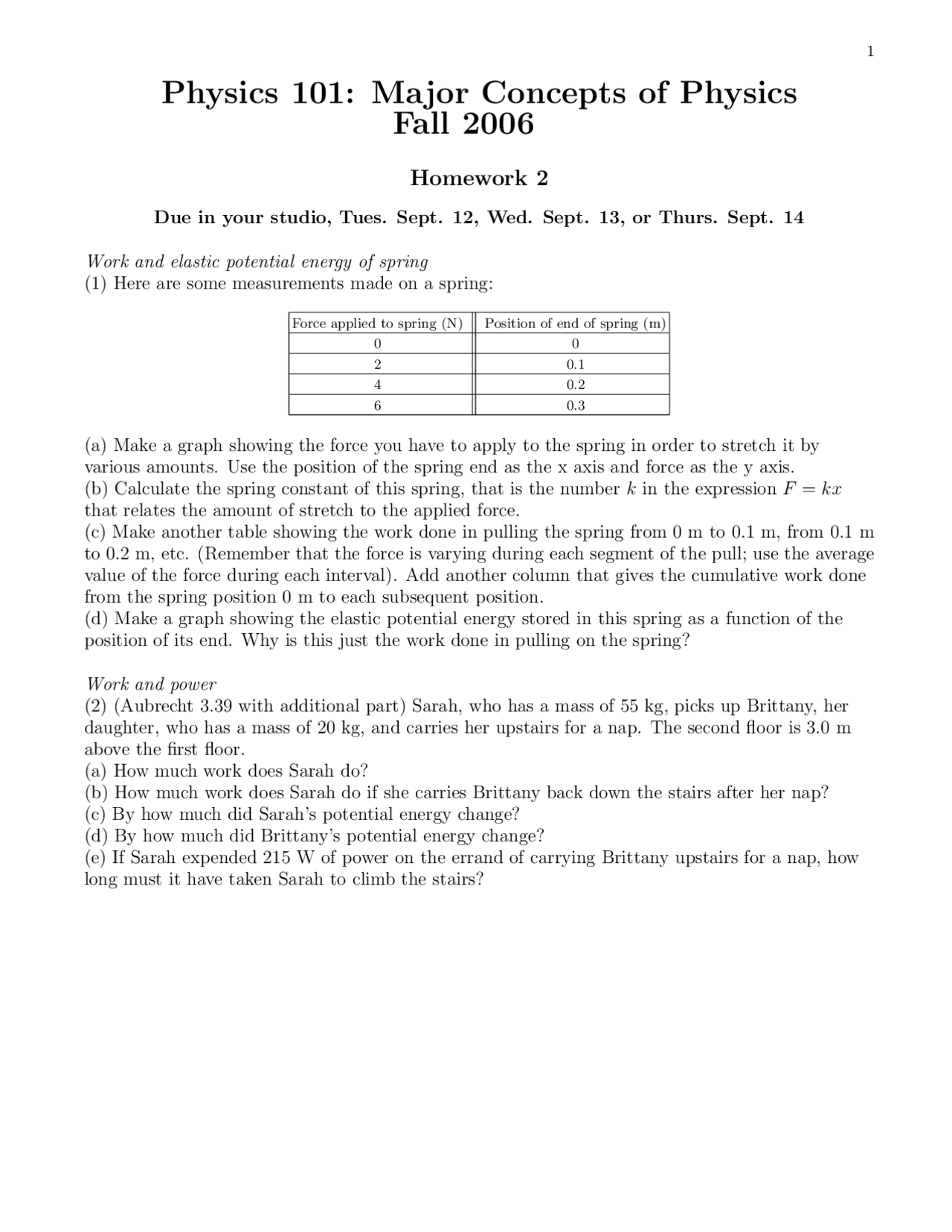 Homework 2 Major Concepts Of Physics I Fall 2006 Phy 101 Docsity