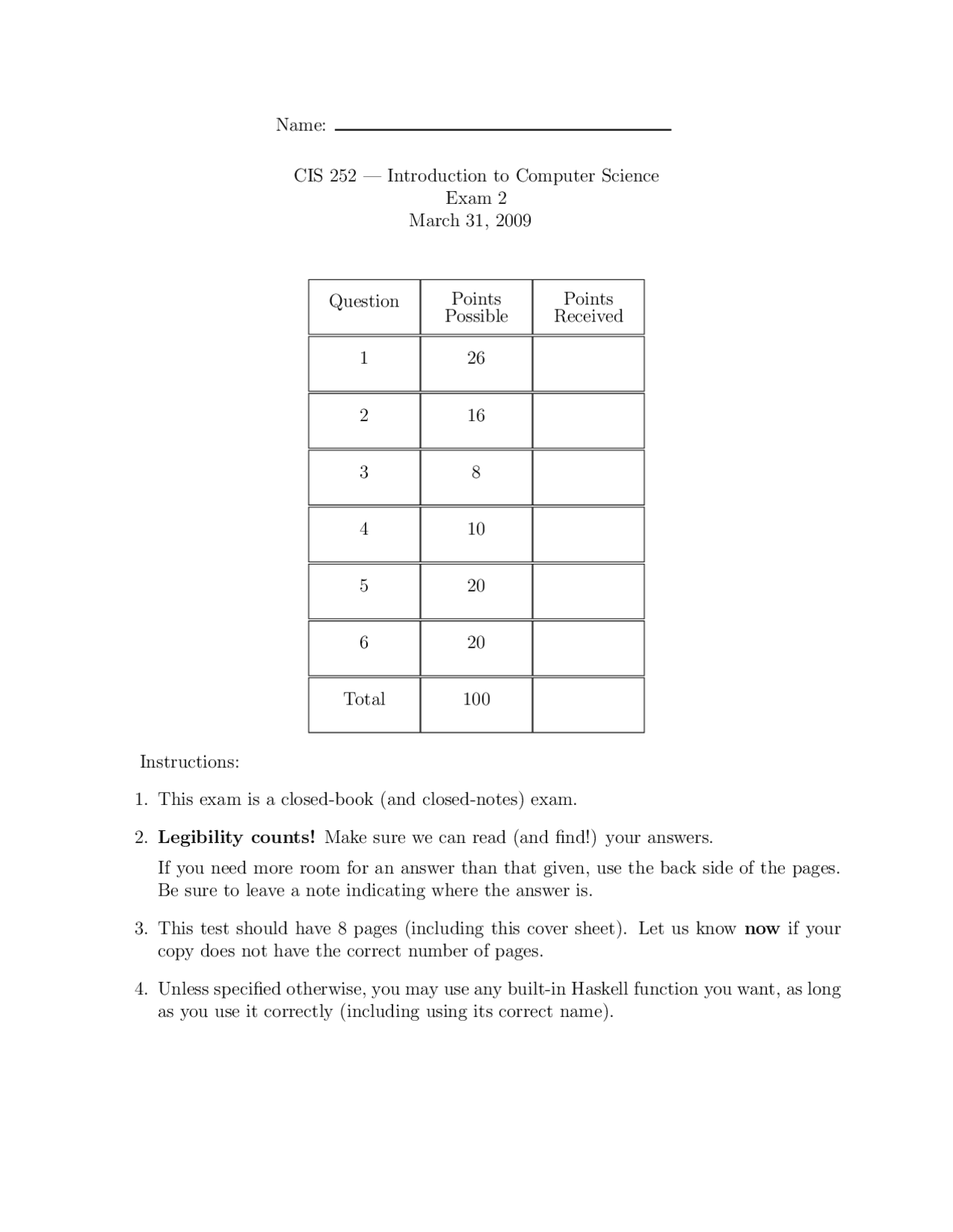 6 Questions Exam 2 Introduction To Computer Science Cis 252 Docsity