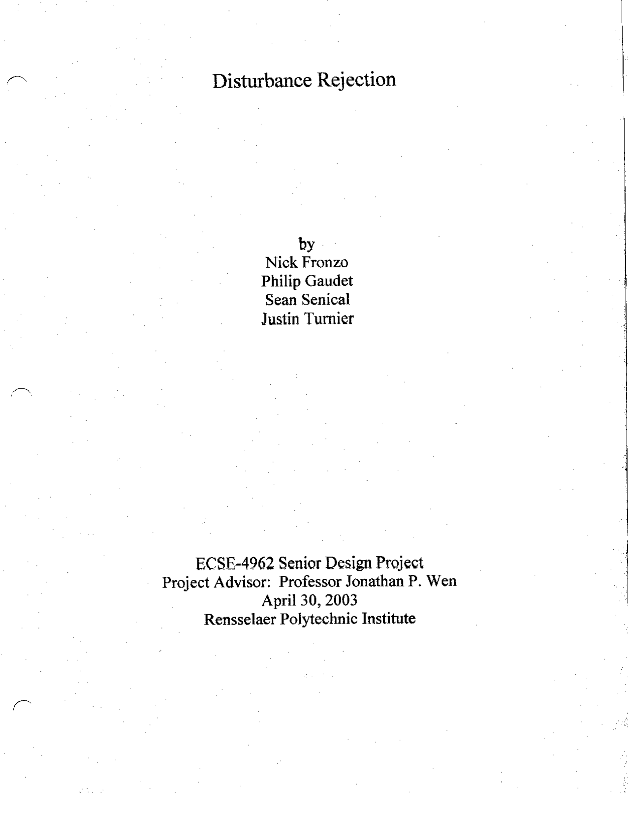 Disturbance Rejection System Project Ecse 4962 Docsity