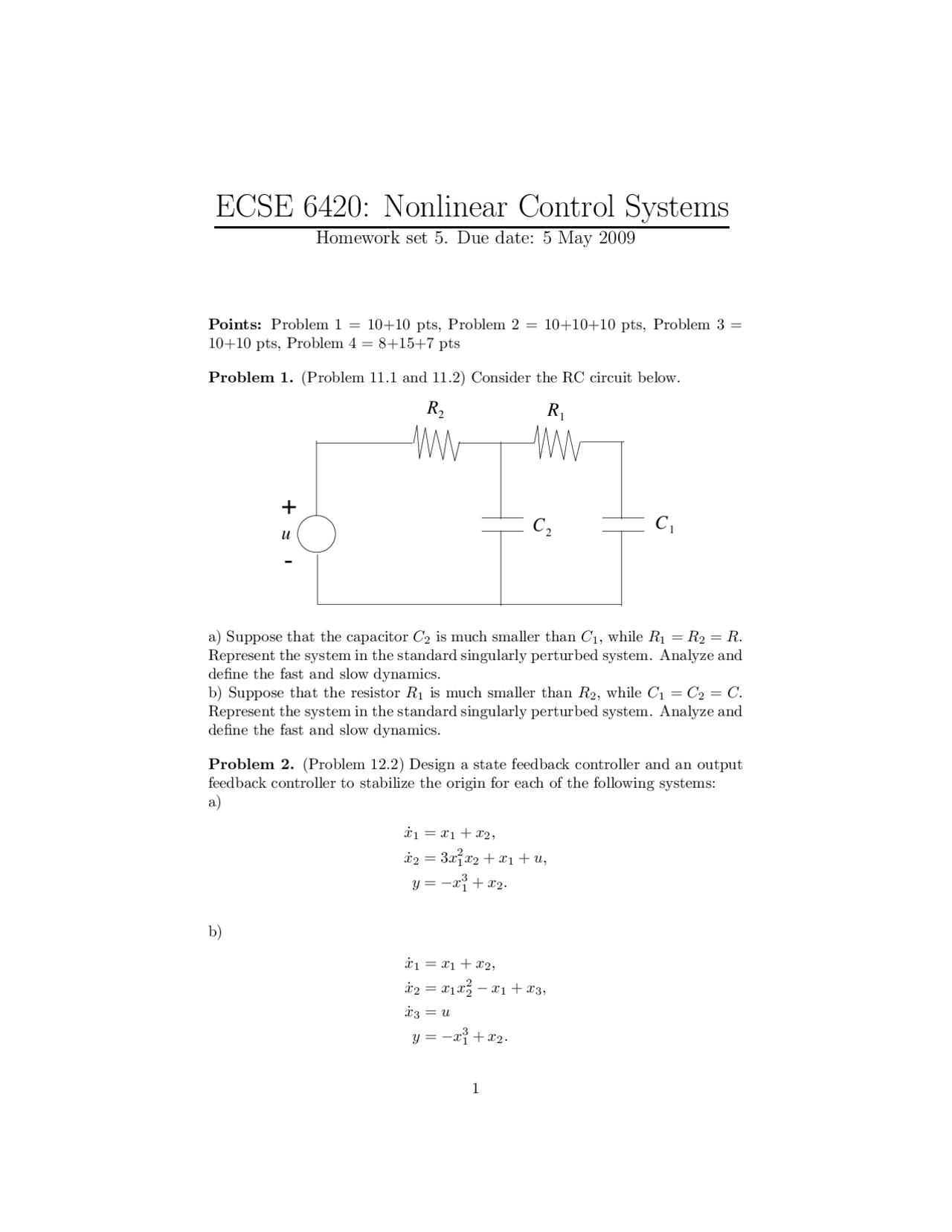 Problem Set 5 Nonlinear Control Systems Ecse 6420 Docsity