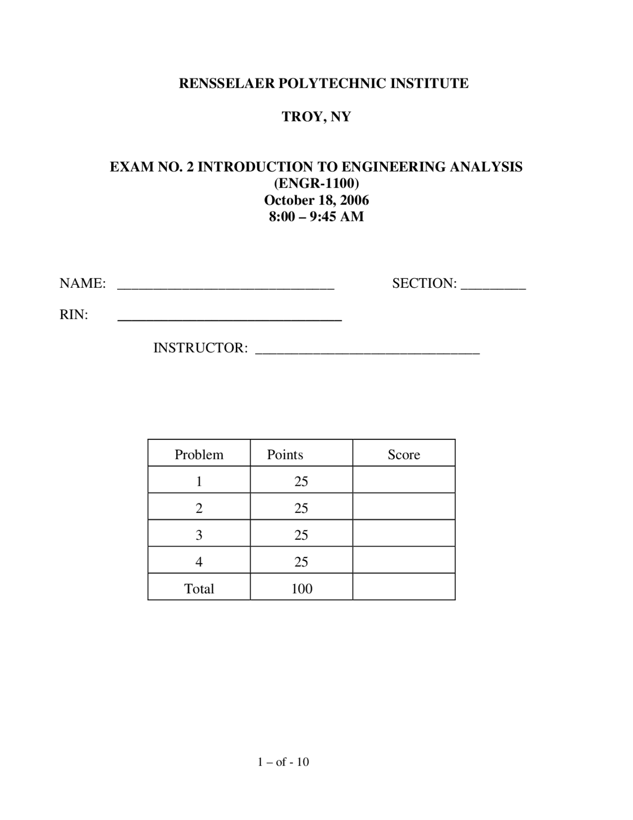 4 Problems Exam 2 - Introduction to Engineering Analysis | ENGR 1100 - Docsity