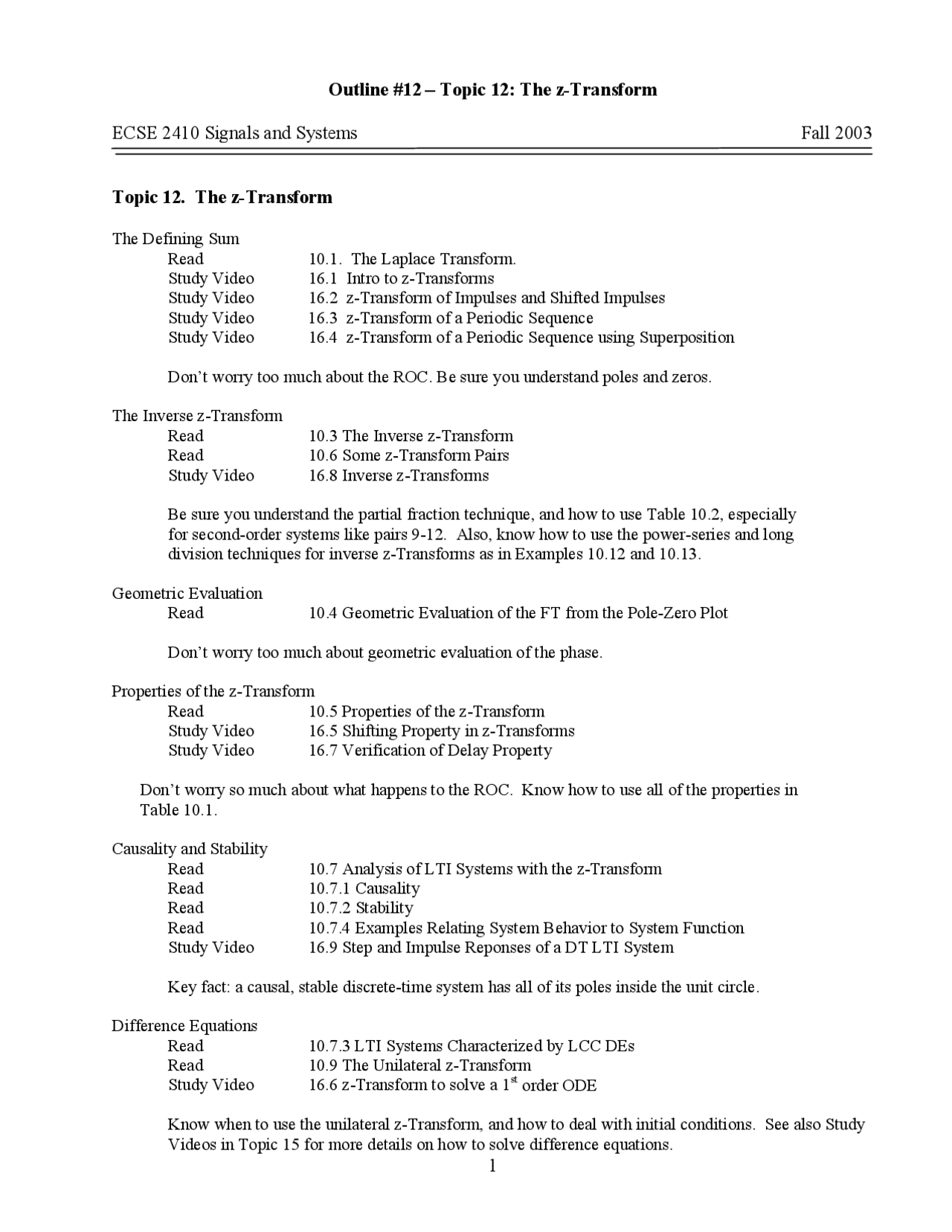 The Z Transform Outline Signals And Systems Ecse 2410 Docsity