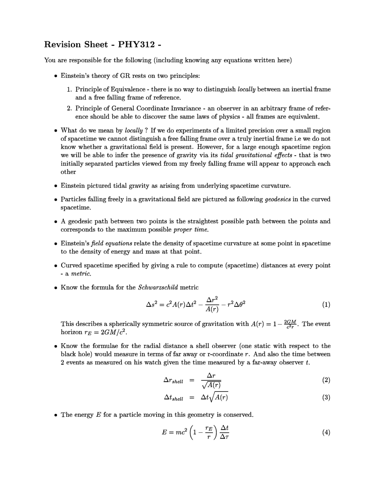Review Sheet Relativity And Cosmology Einstein And Beyond Phy 312