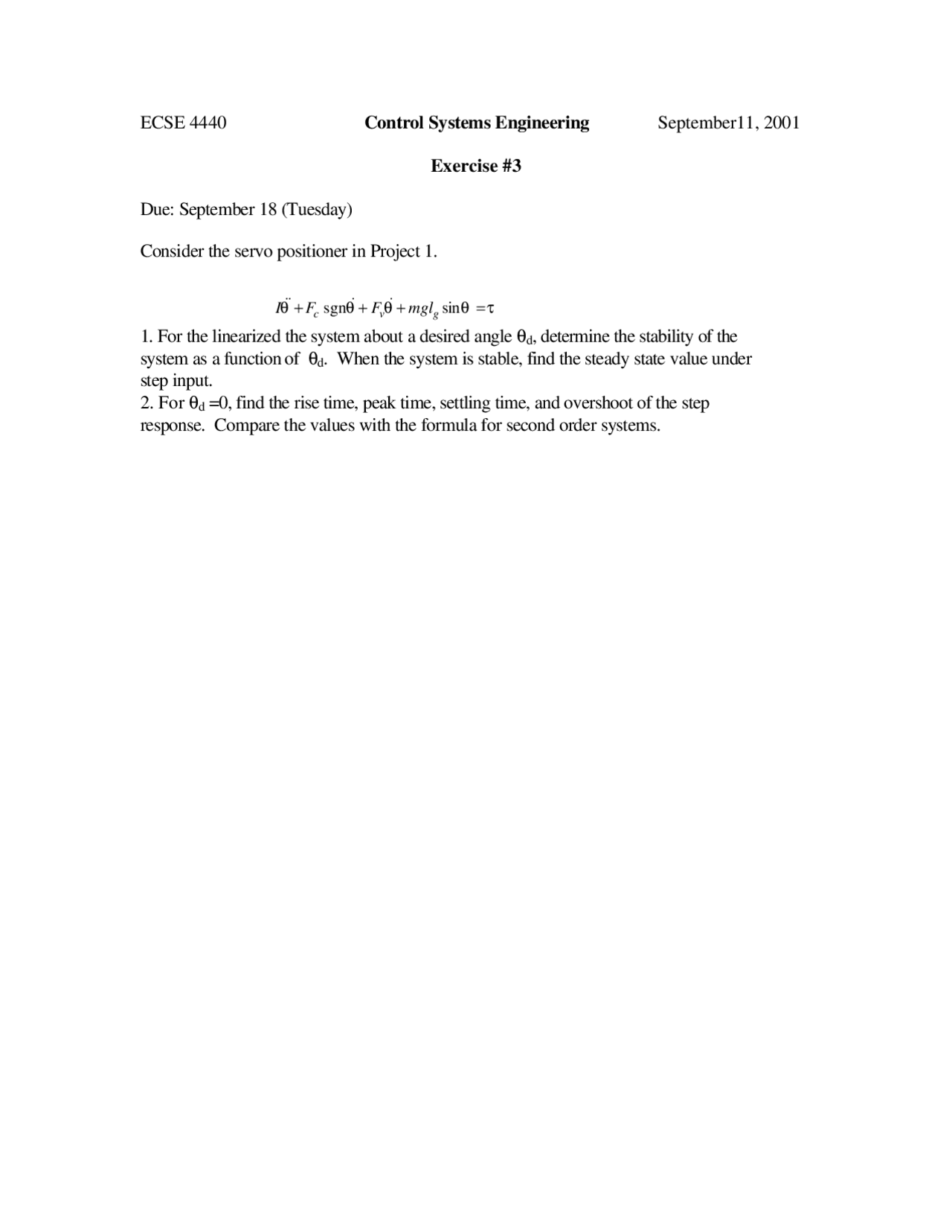 Sample Exercise 3 Control Systems Engineering Fall 2001 Ecse 4440