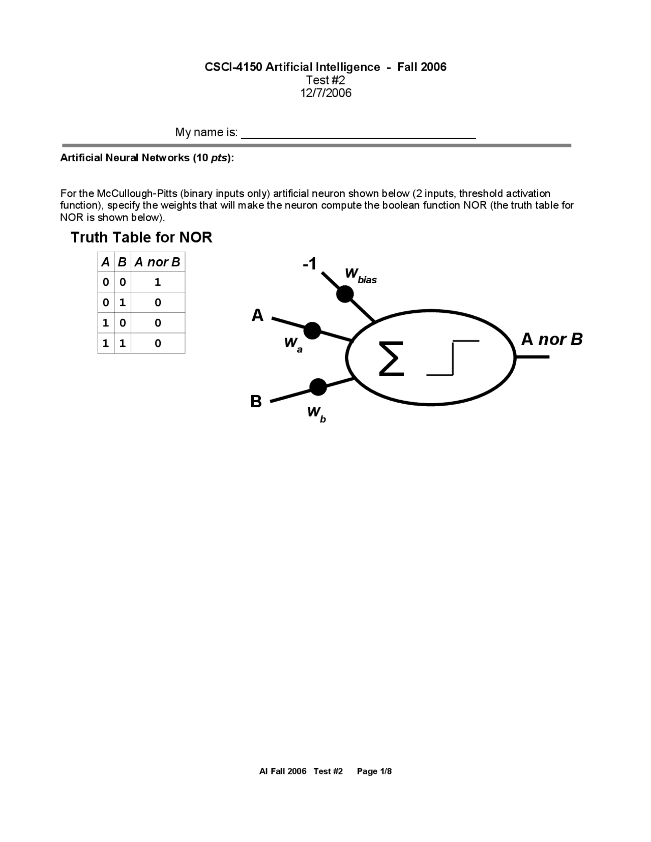 Exam Questions About Artificial Intelligence Fall 2006 Csci 4150