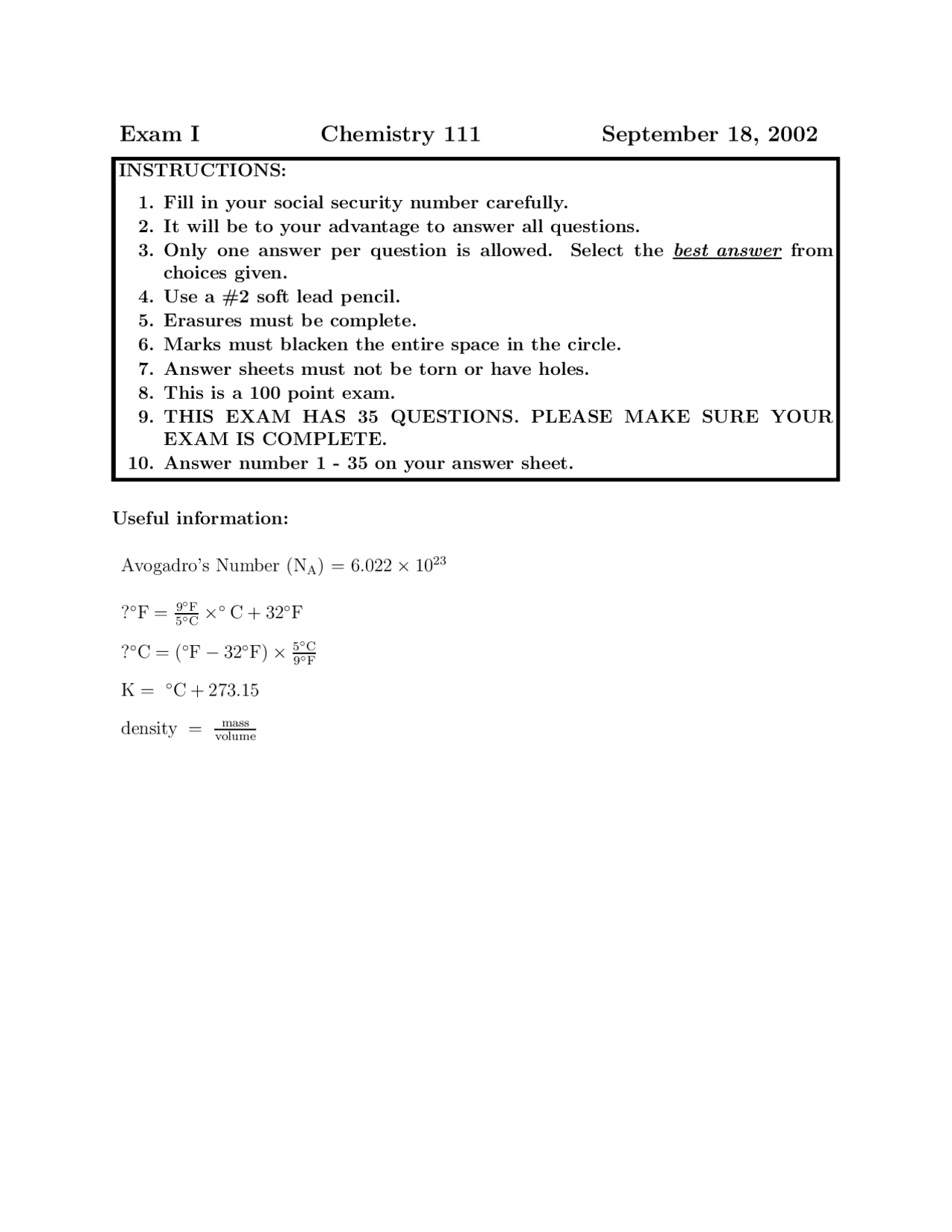 Exam I Practice Problems on General Chemistry I | CHEM 111 - Docsity