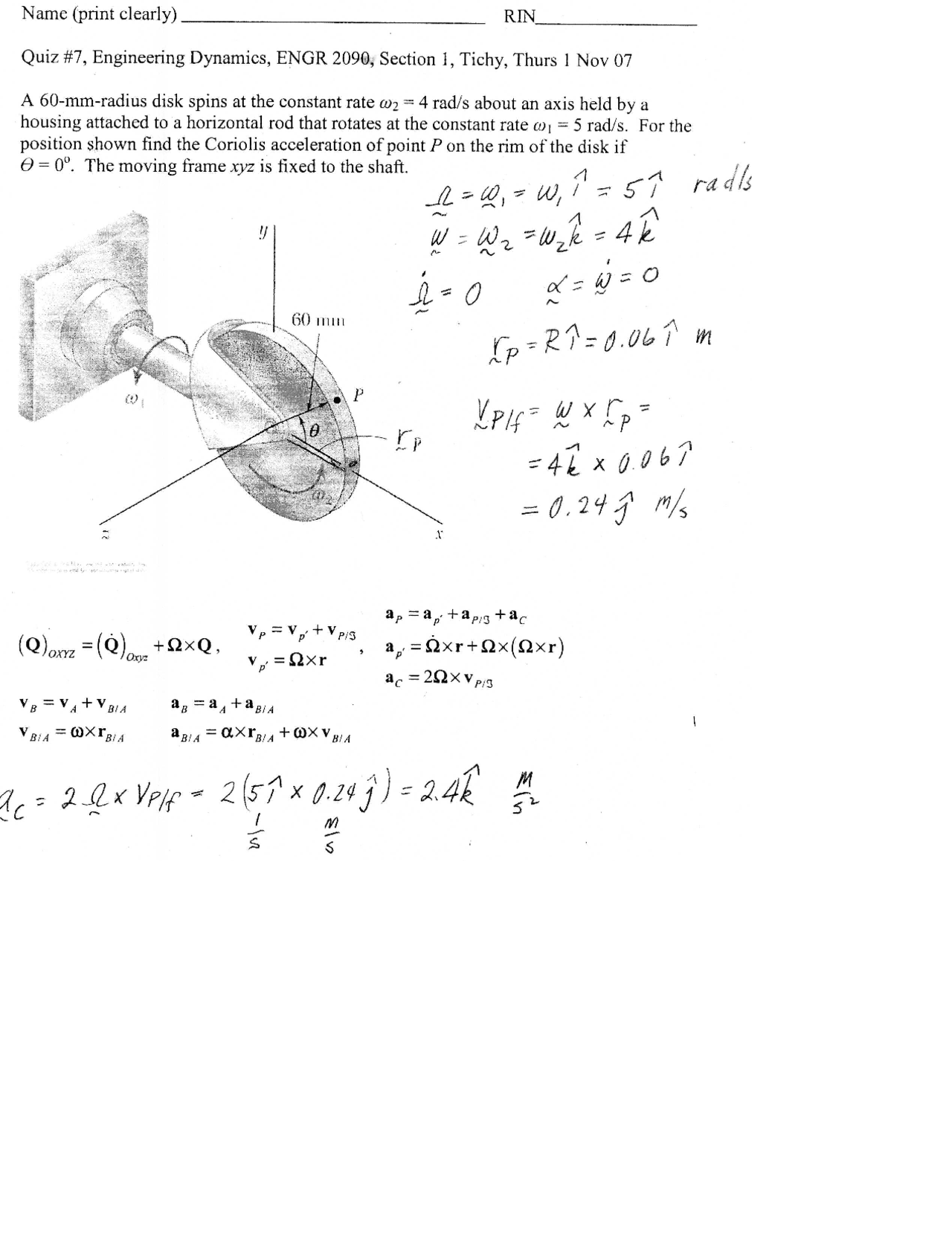 Quiz 7 With Solution For Engineering Dynamics Engr 2090 Docsity