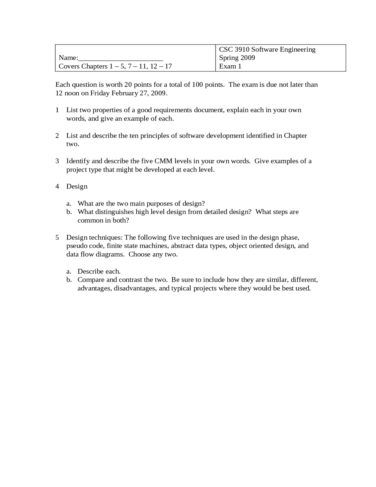 5 Questions For Exam 1 Software Engineering Csc 3910 Docsity