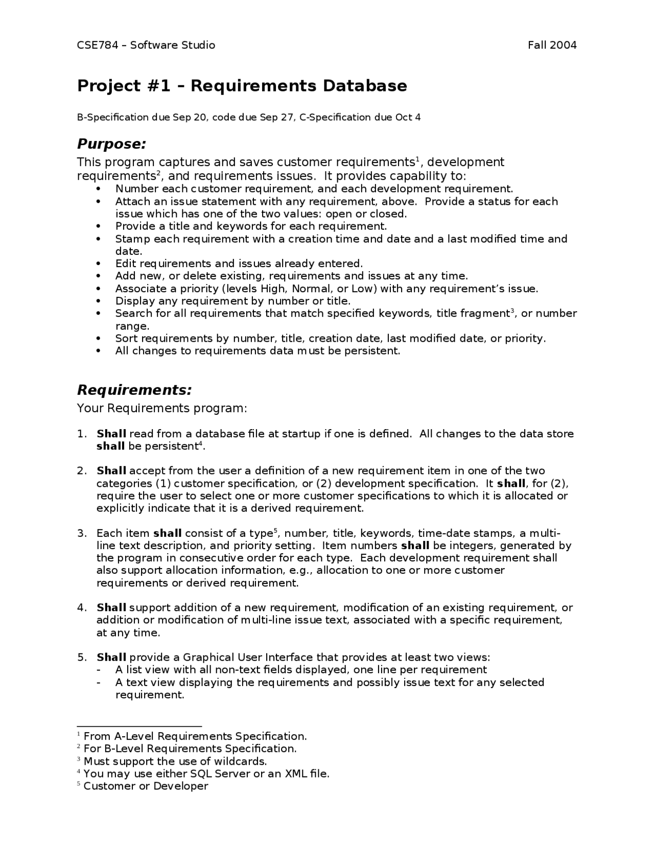 Project 1: Requirements Database - Fall 2004 | CSE 784 - Docsity