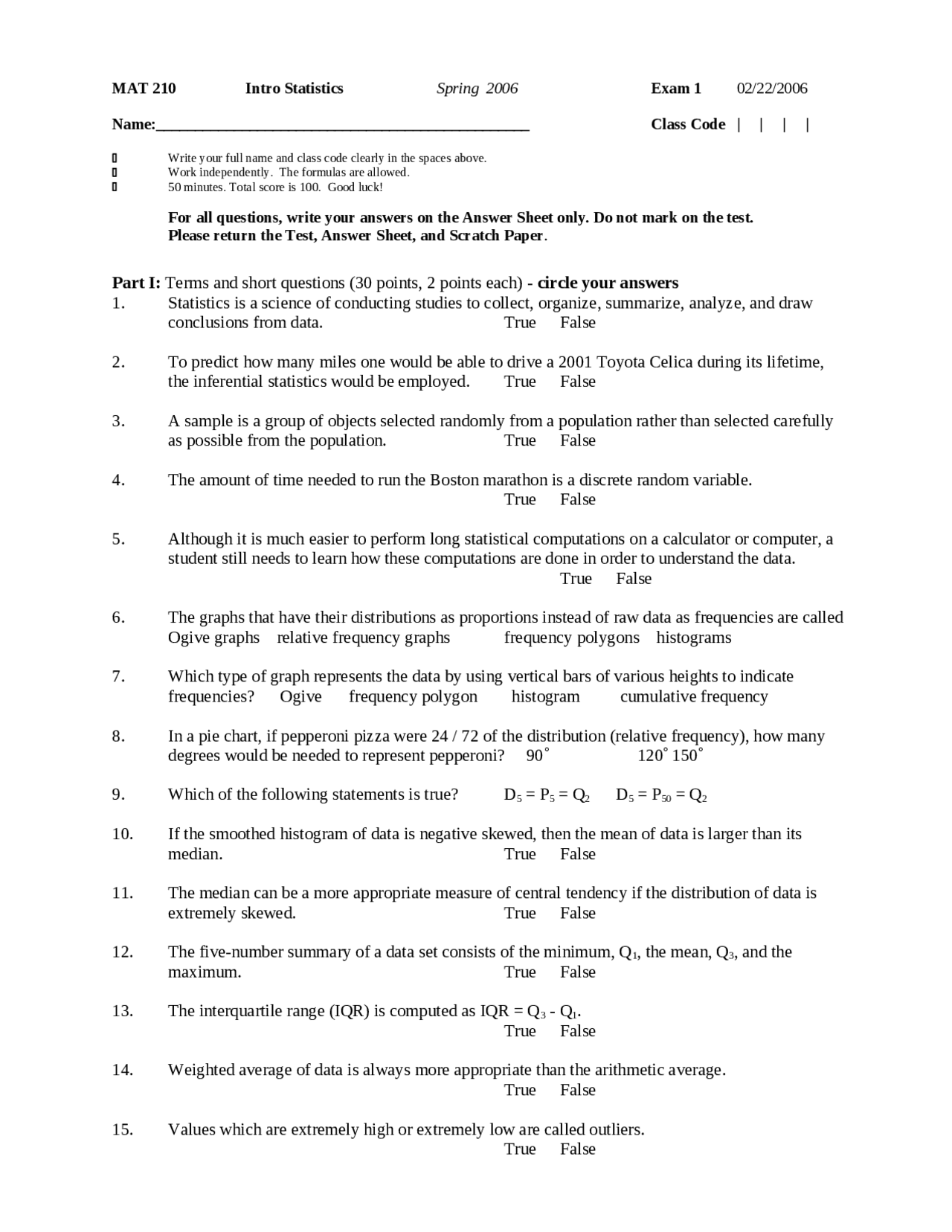 Practice Examination 1 Introduction To Statistics Mat 2100 Docsity