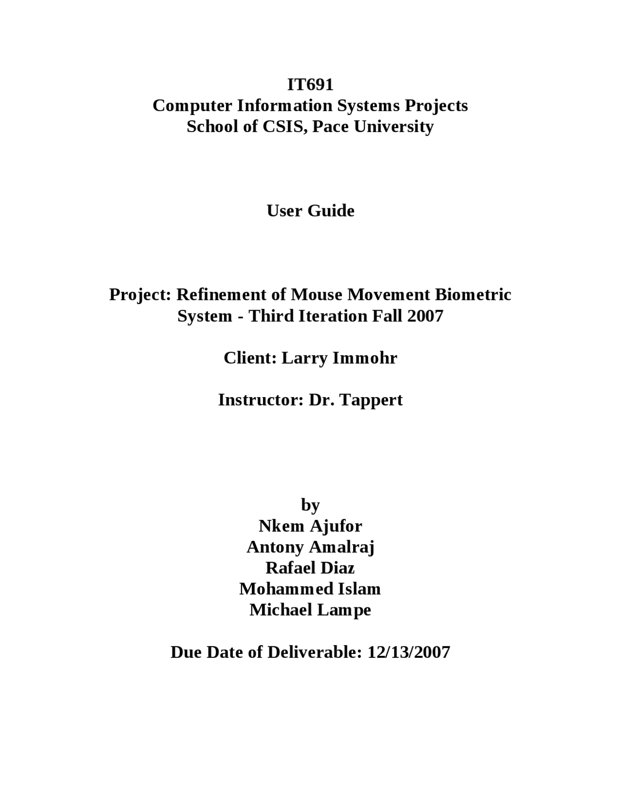 Refinement of Mouse Movement Biometric System - Project | CS 691 - Docsity